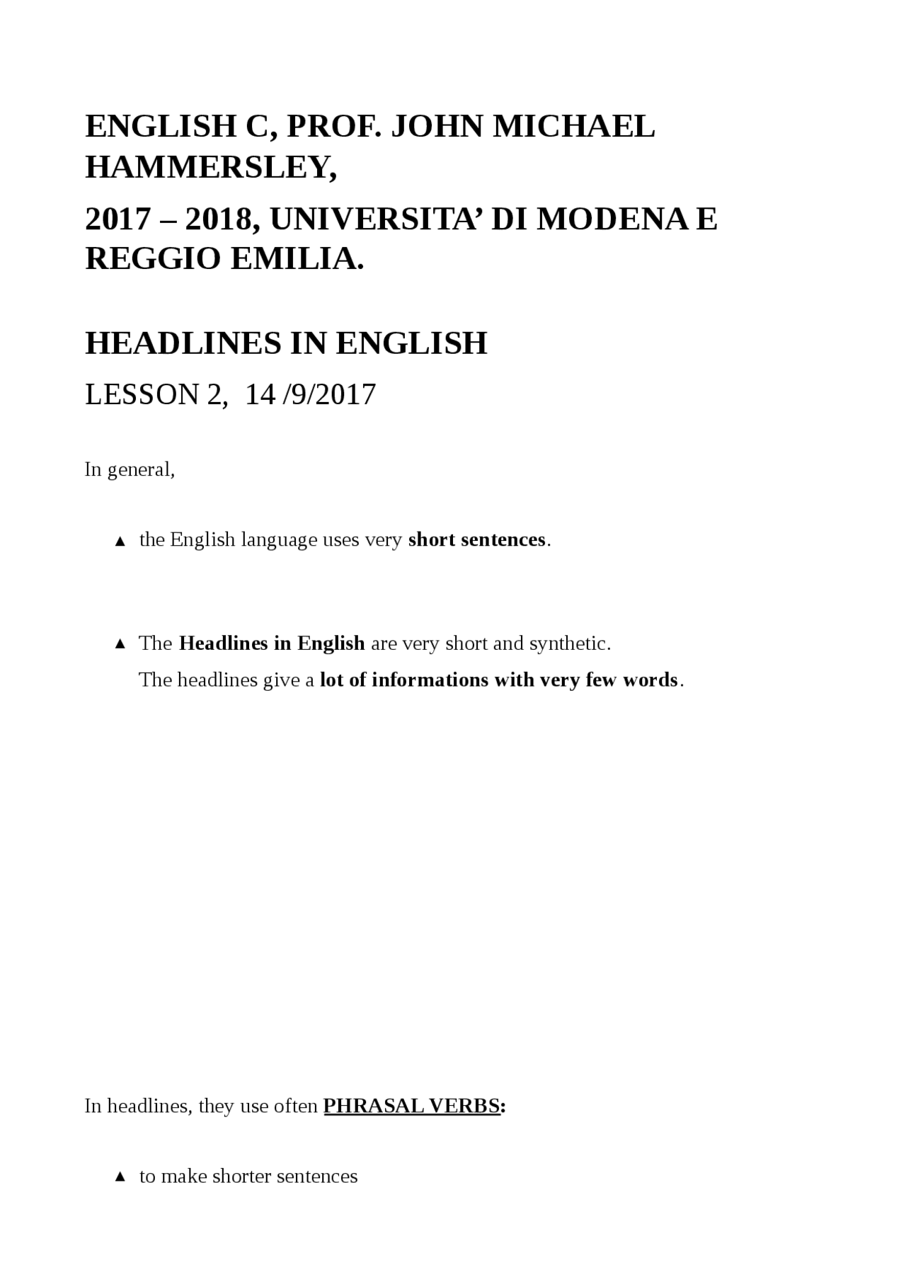 Headlines in english, titoli di giornale in Inglese, Inglese c - Docsity