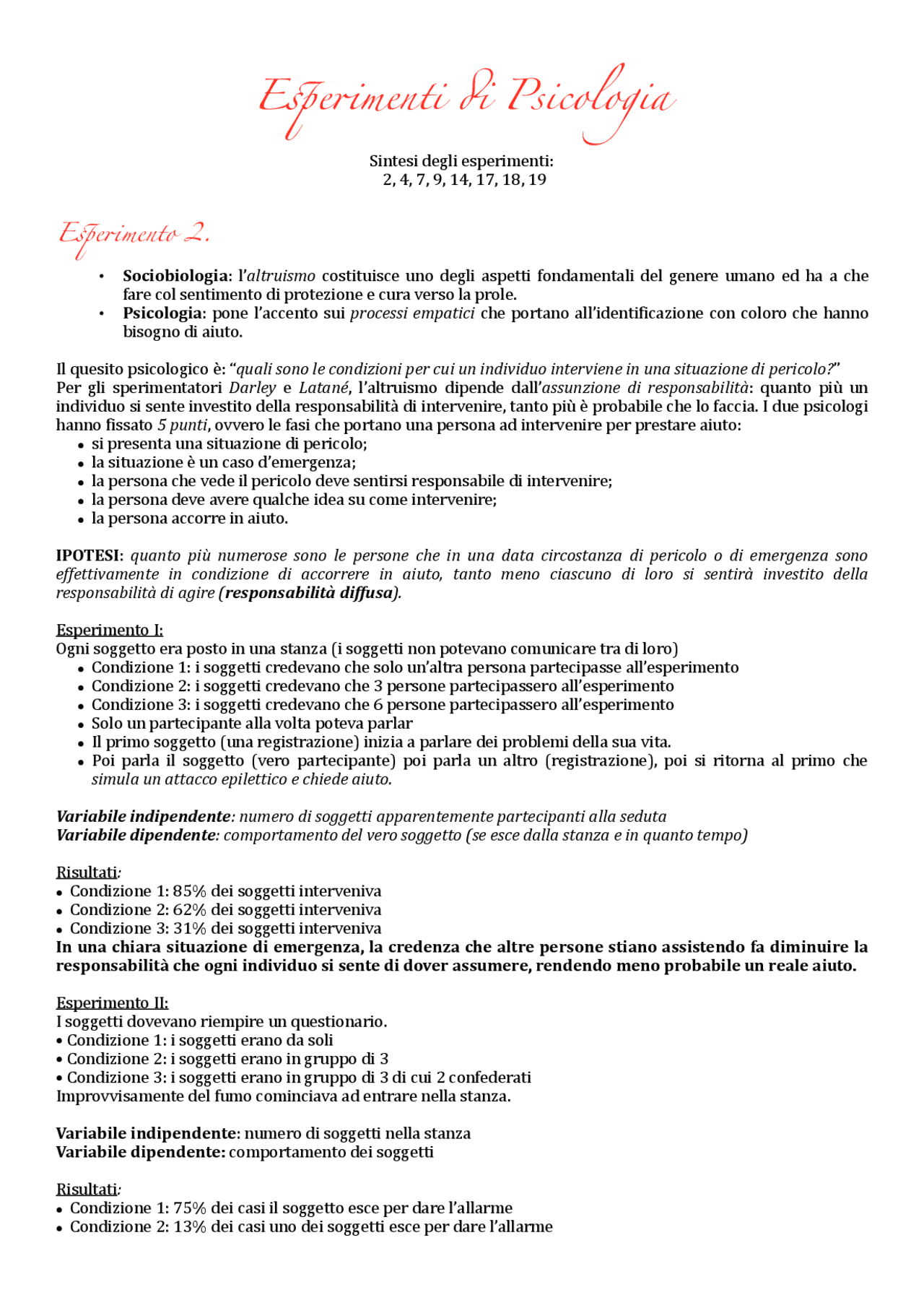 Esperimenti Di Psicologia Alcuni Esempi In Sintesi Docsity