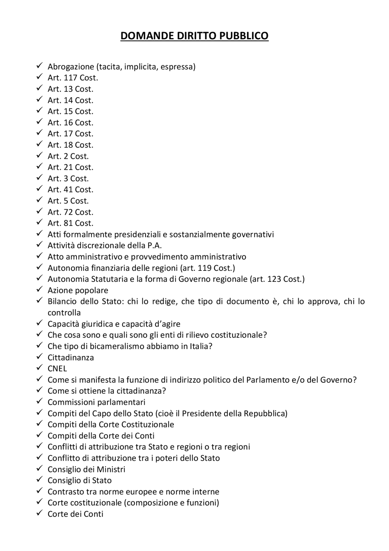 Domande Diritto Pubblico (Prof. Pensabene Lionti - UniPa) - Docsity