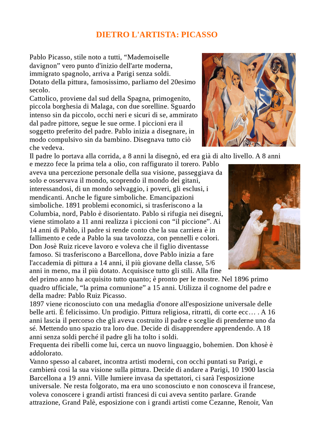 Pablo Picasso Vita E Prime Opere Docsity