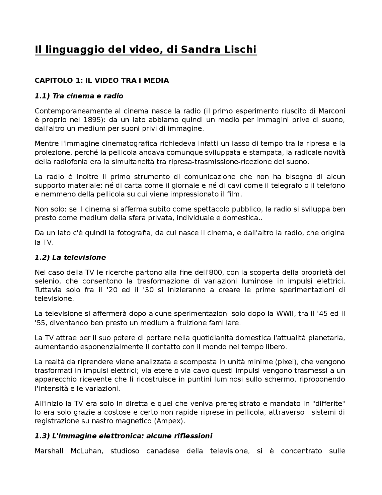 Il Linguaggio Del Video Sandra Lischi Docsity
