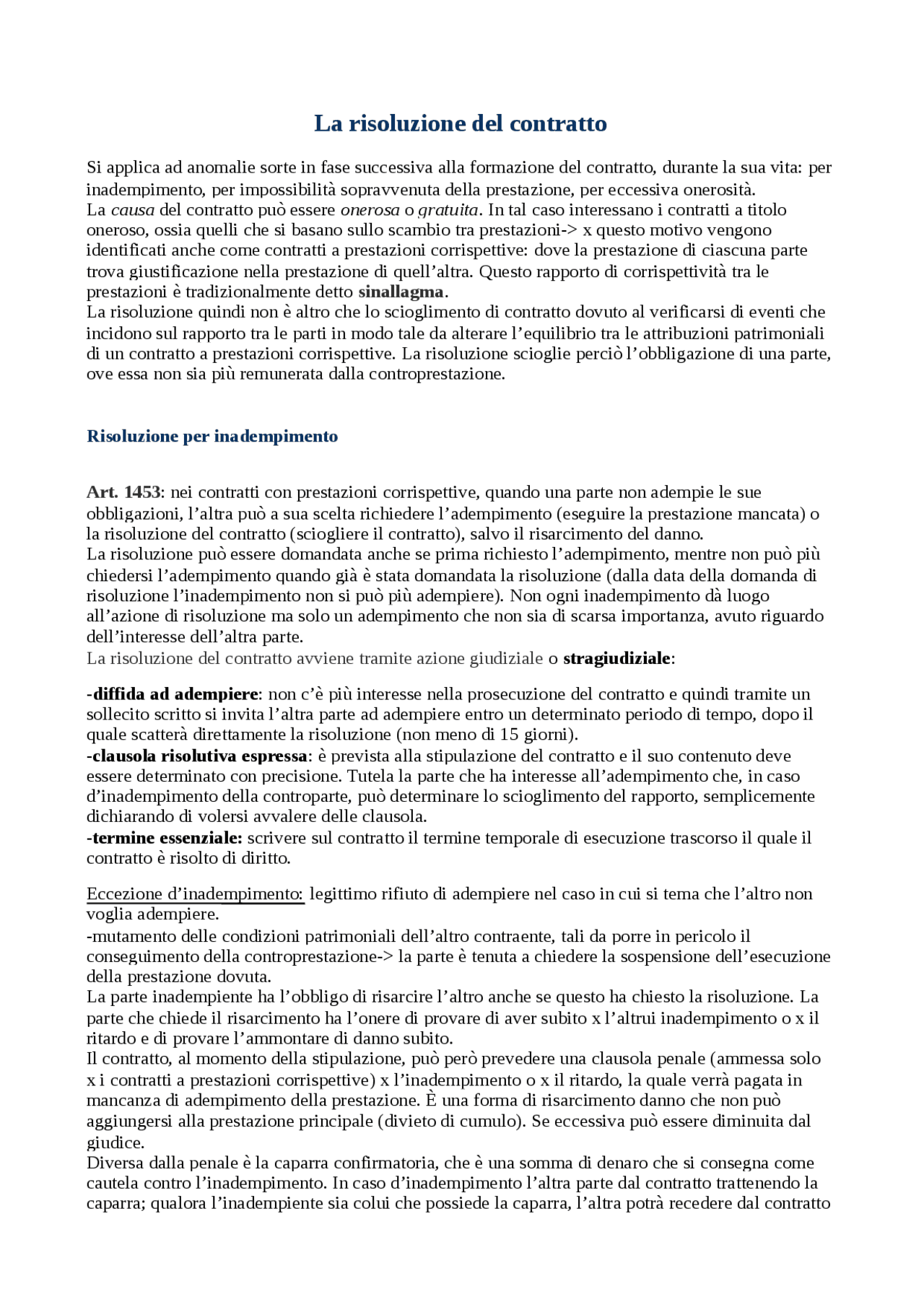 Risoluzione contrattuale - Docsity