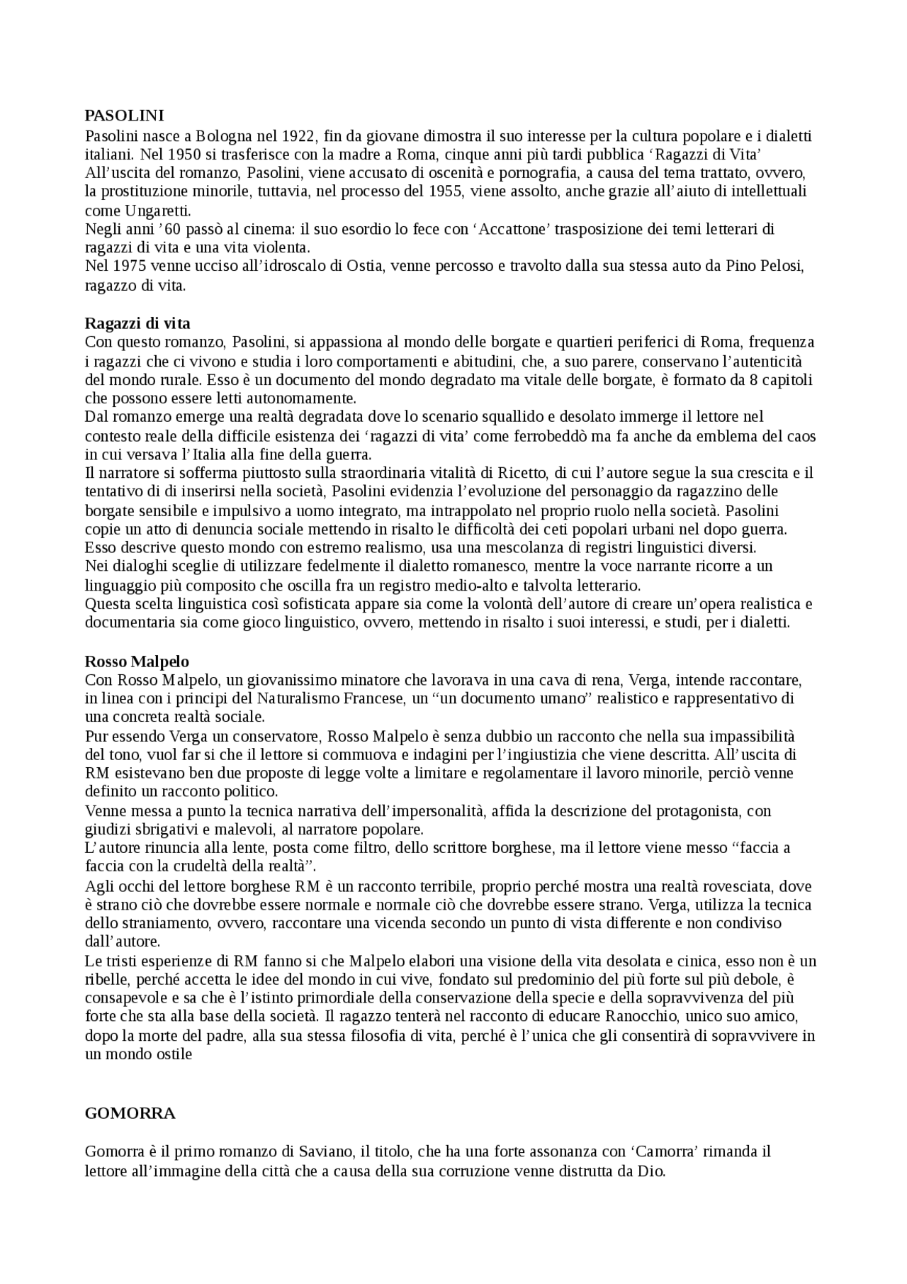 ANALISI e CONFRONTO SAVIANO - PASOLINI | Appunti di Italiano | Docsity