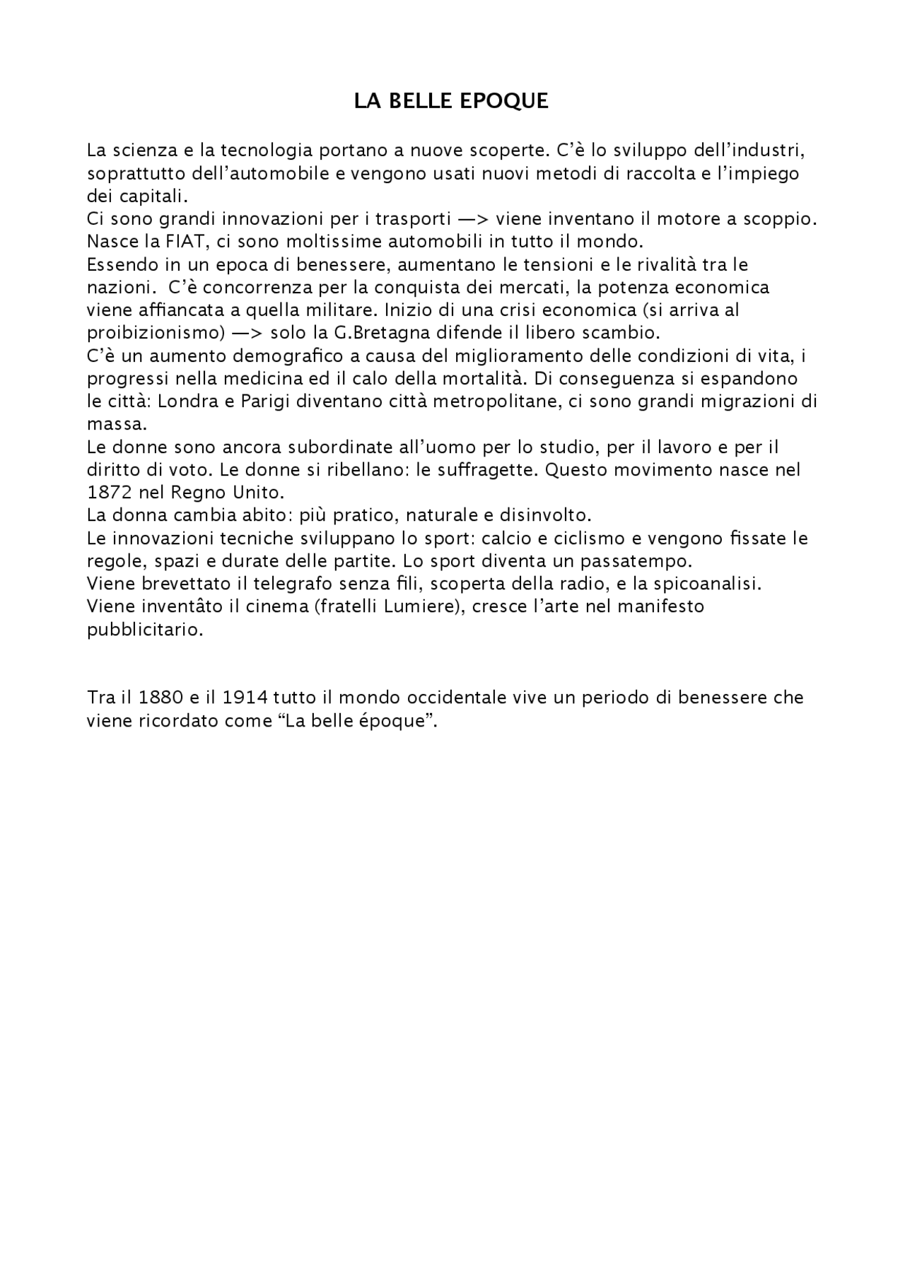 La Belle Epoque Riassunto Docsity