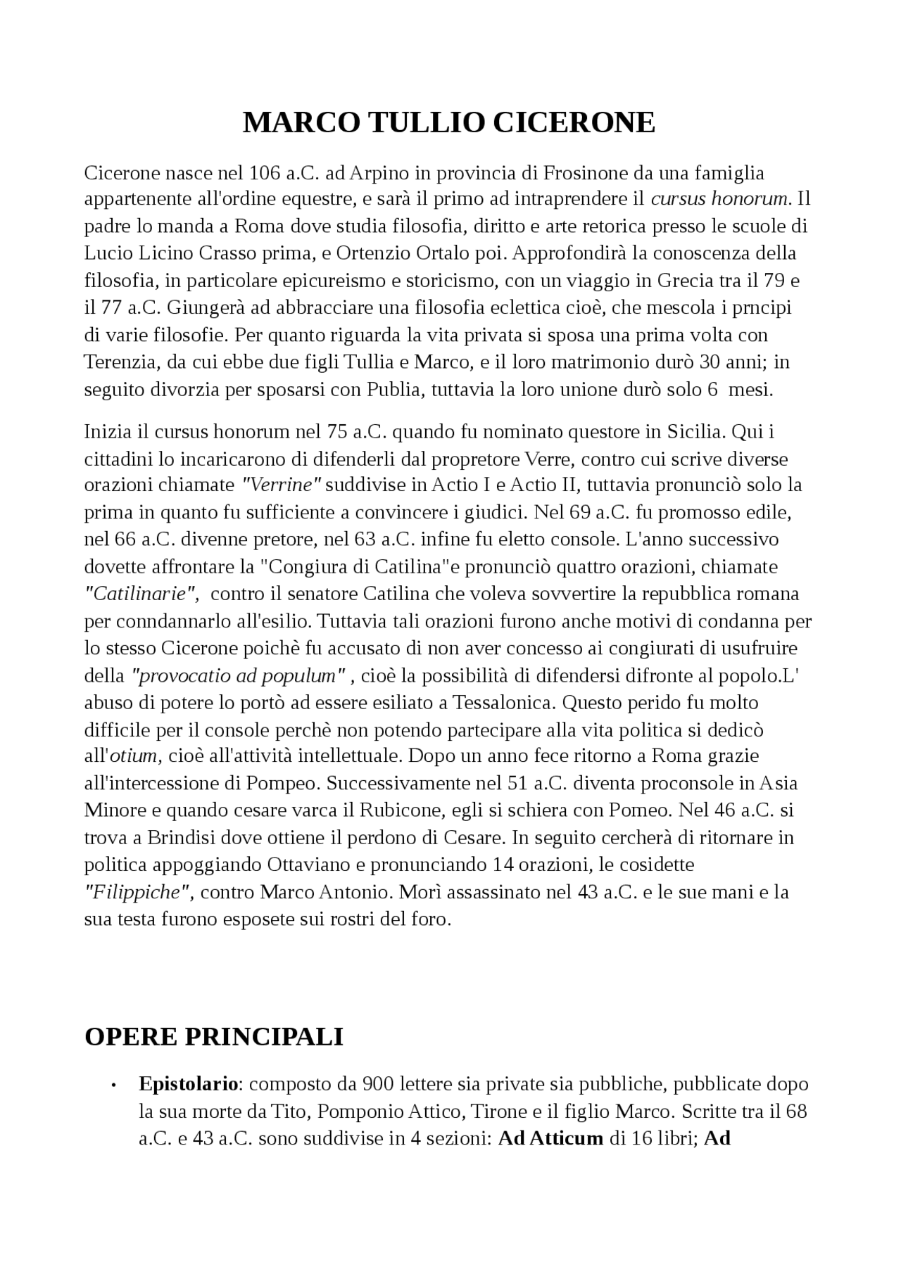 Vita E Opere Di Cicerone Appunti Di Latino Docsity