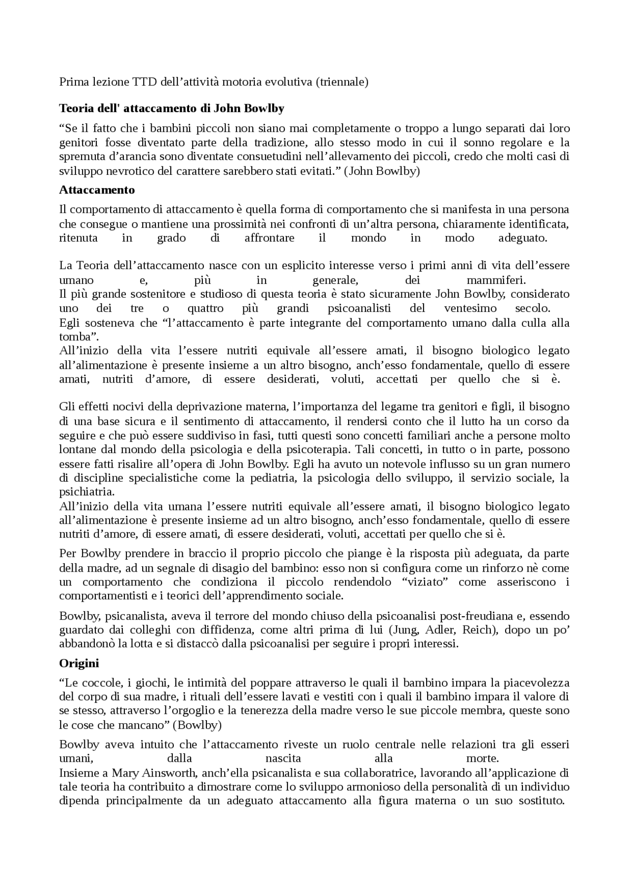 Teorie Dellattaccamento Di John Bowlby Docsity