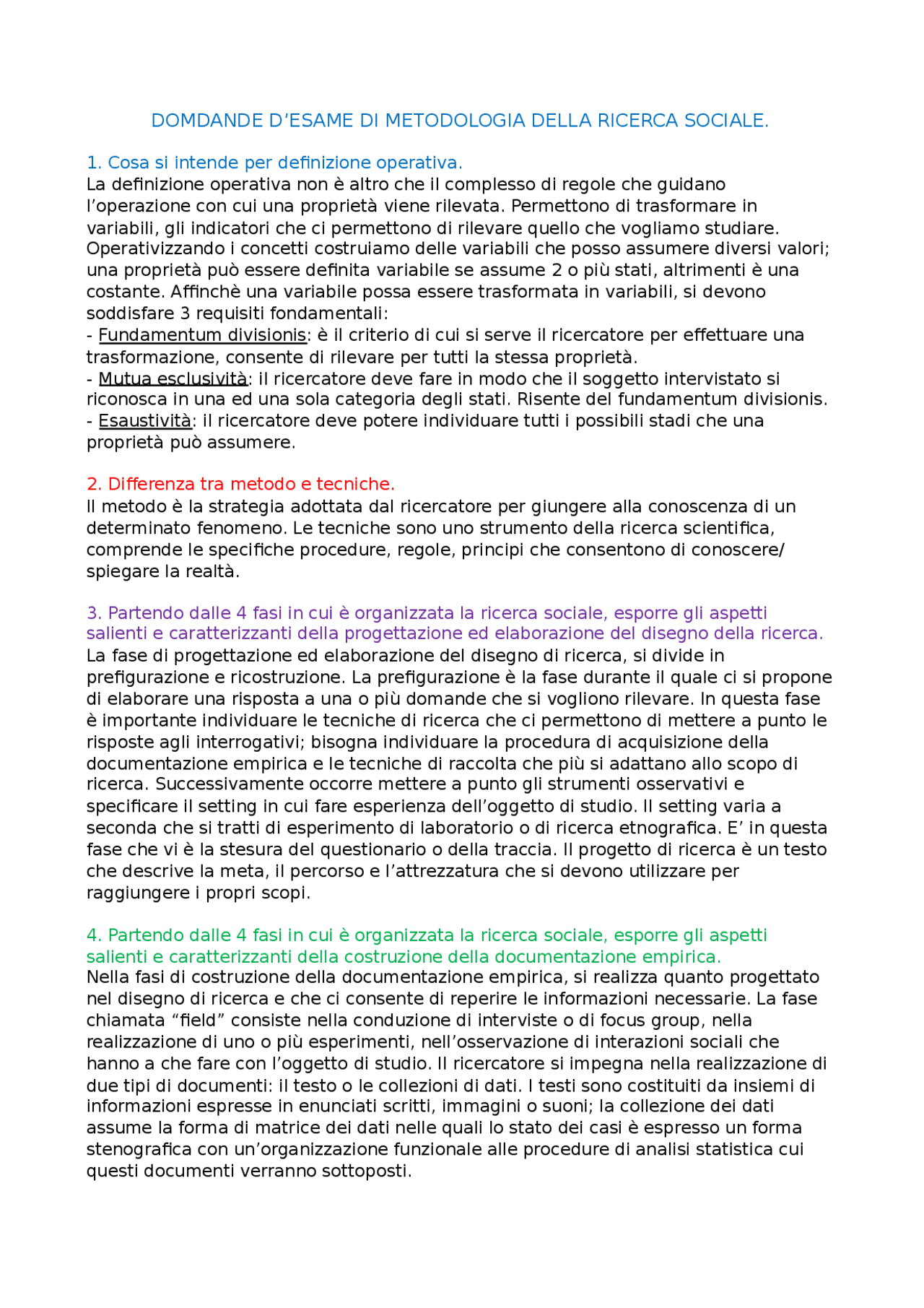 Sintesi Di Metodologia Della Ricerca Sociale Docsity