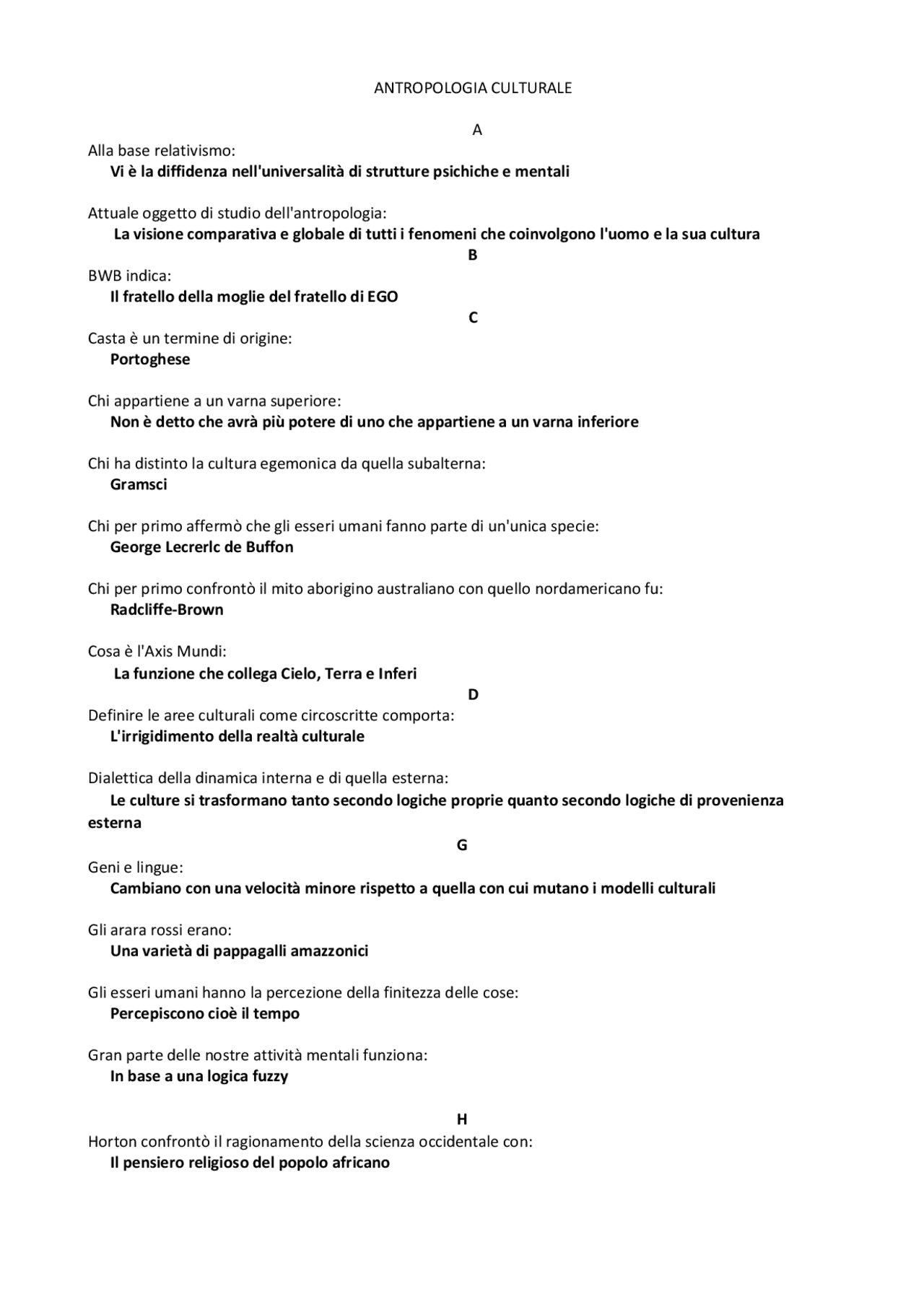 Test Di Antropologia Culturale Docsity