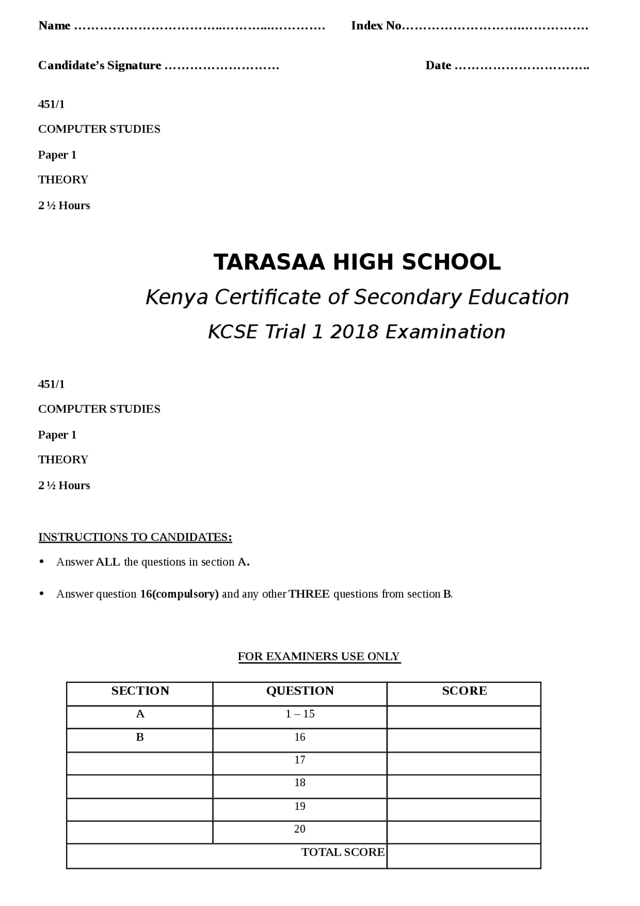 Computer Studies Paper 1 - Docsity