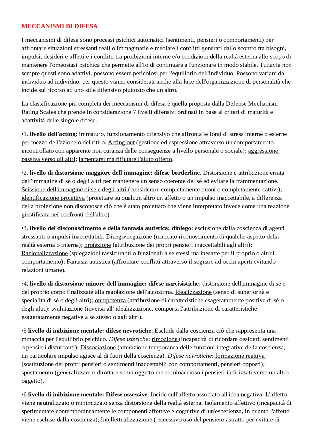 Meccanismi Di Difesa Schema Docsity