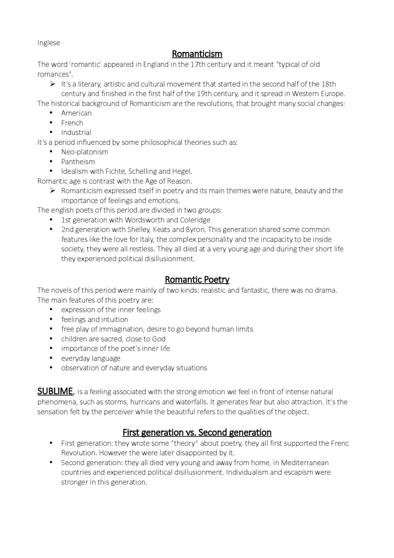 English Literature - Romanticism and its poets - Docsity