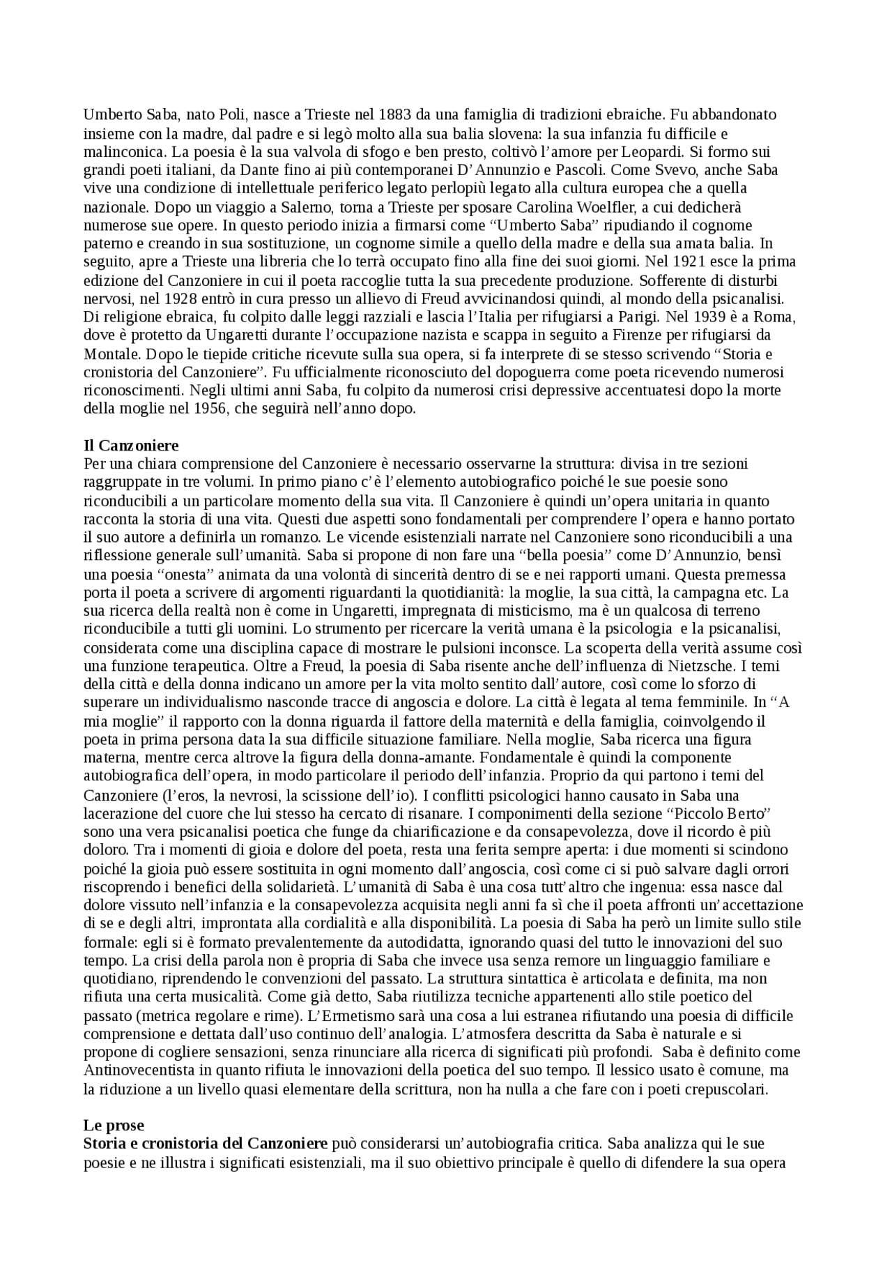 Appunti Su Umberto Saba Docsity