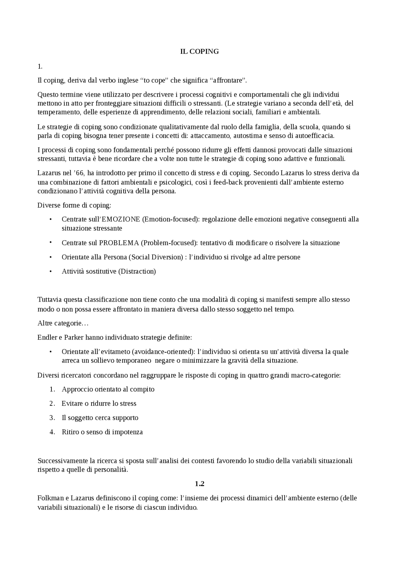 Riassunto 1 E 2 Capitolo Del Coping Docsity