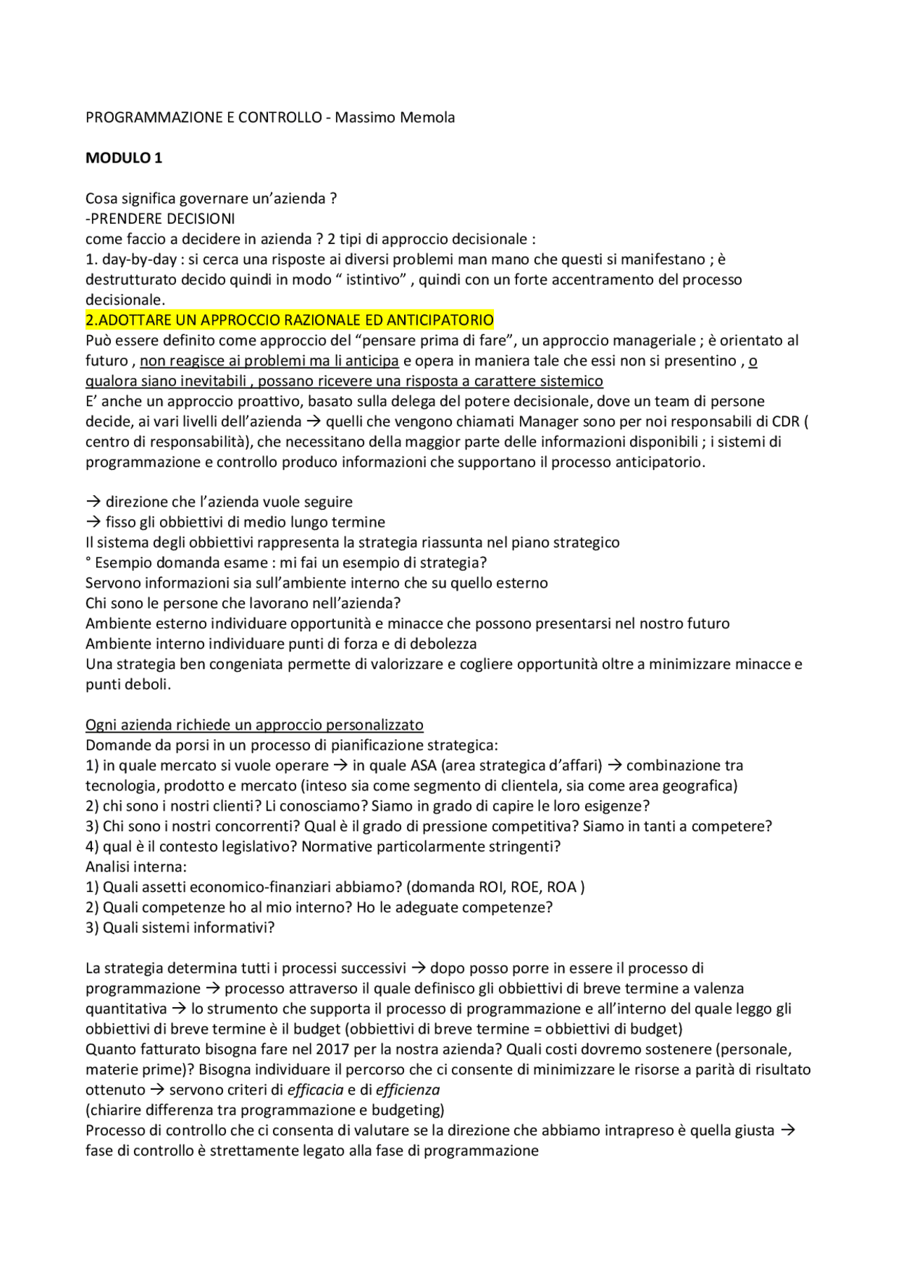 Programmazione e Controllo MEMMOLA primo modulo - Docsity