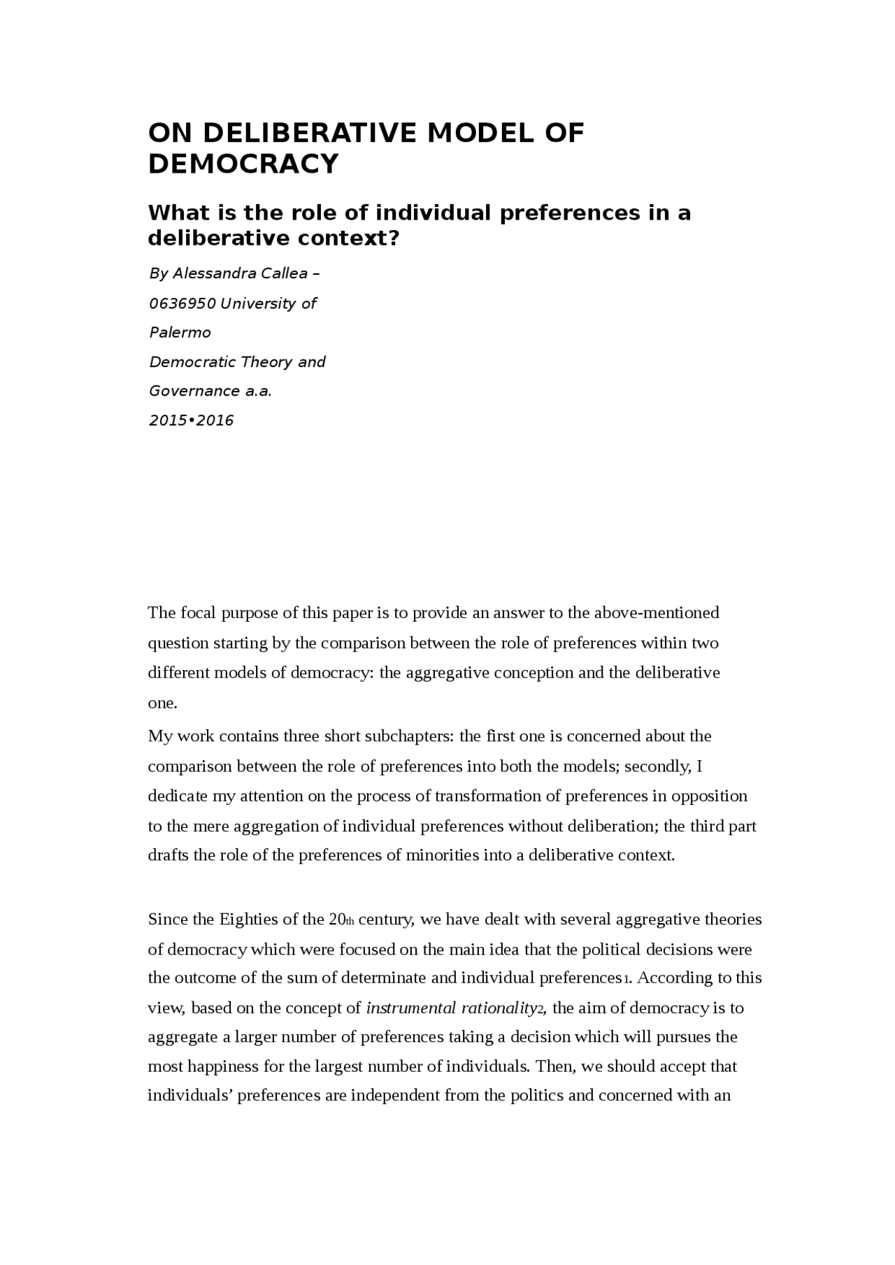 THE ROLE OF PREFERENCES IN A DELIBERATIVE DEMOCRACY - Docsity