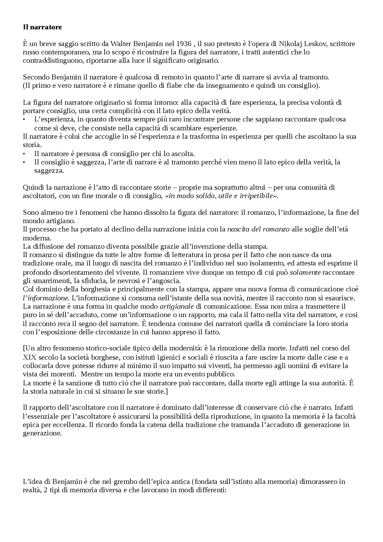 Sintesi Libro Il Narratore Di Benjamin Docsity
