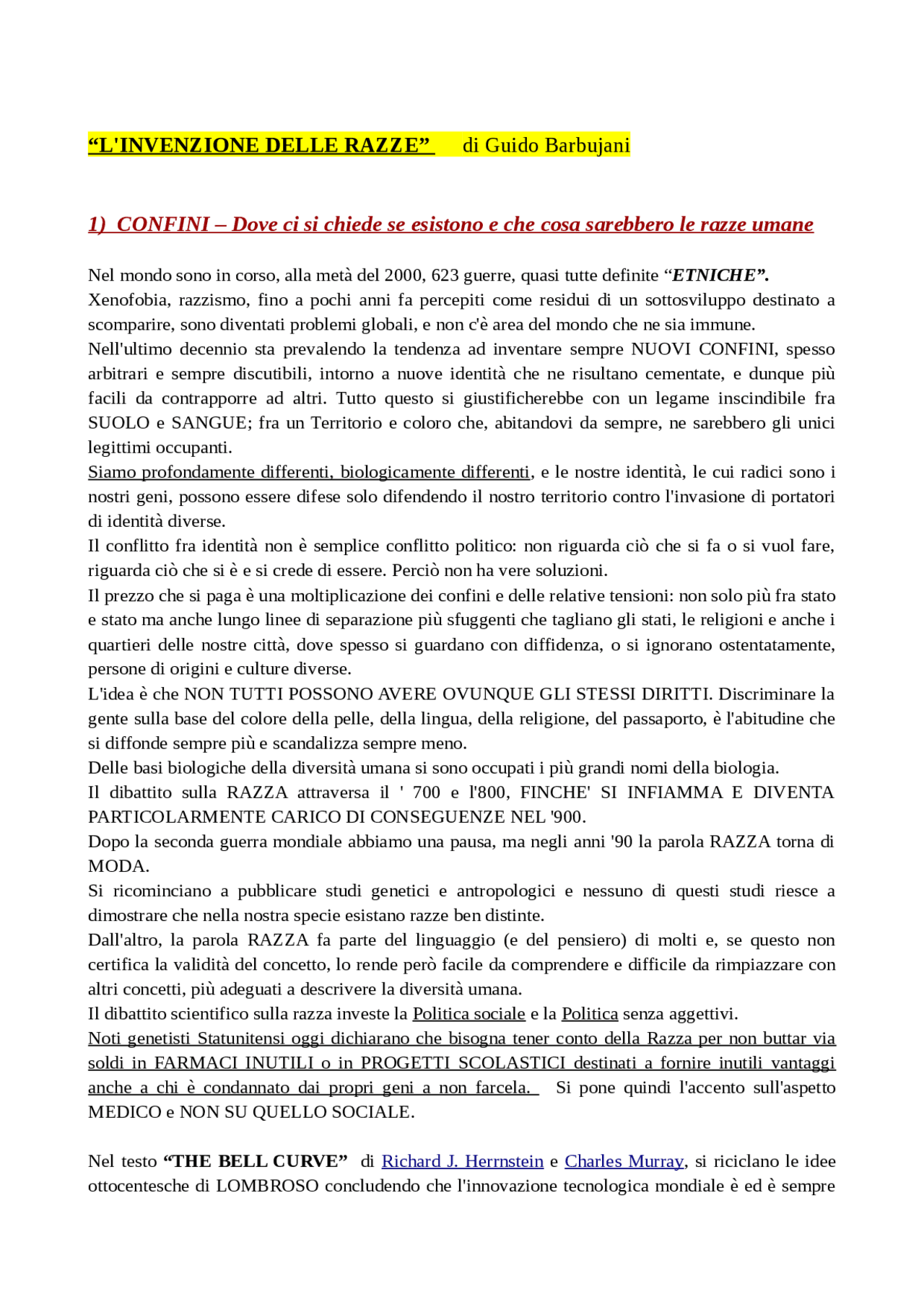Linvenzione Delle Razze Barbujani Riassunto Docsity