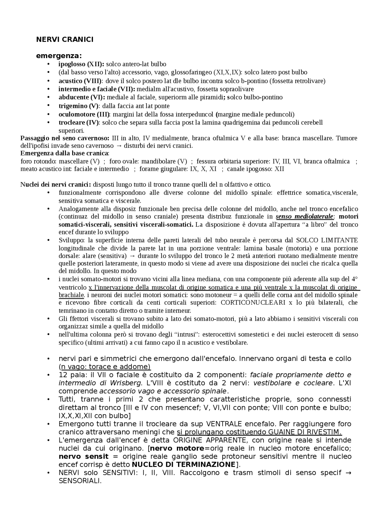 Schema Riassuntivo Dei Nervi Cranici Docsity
