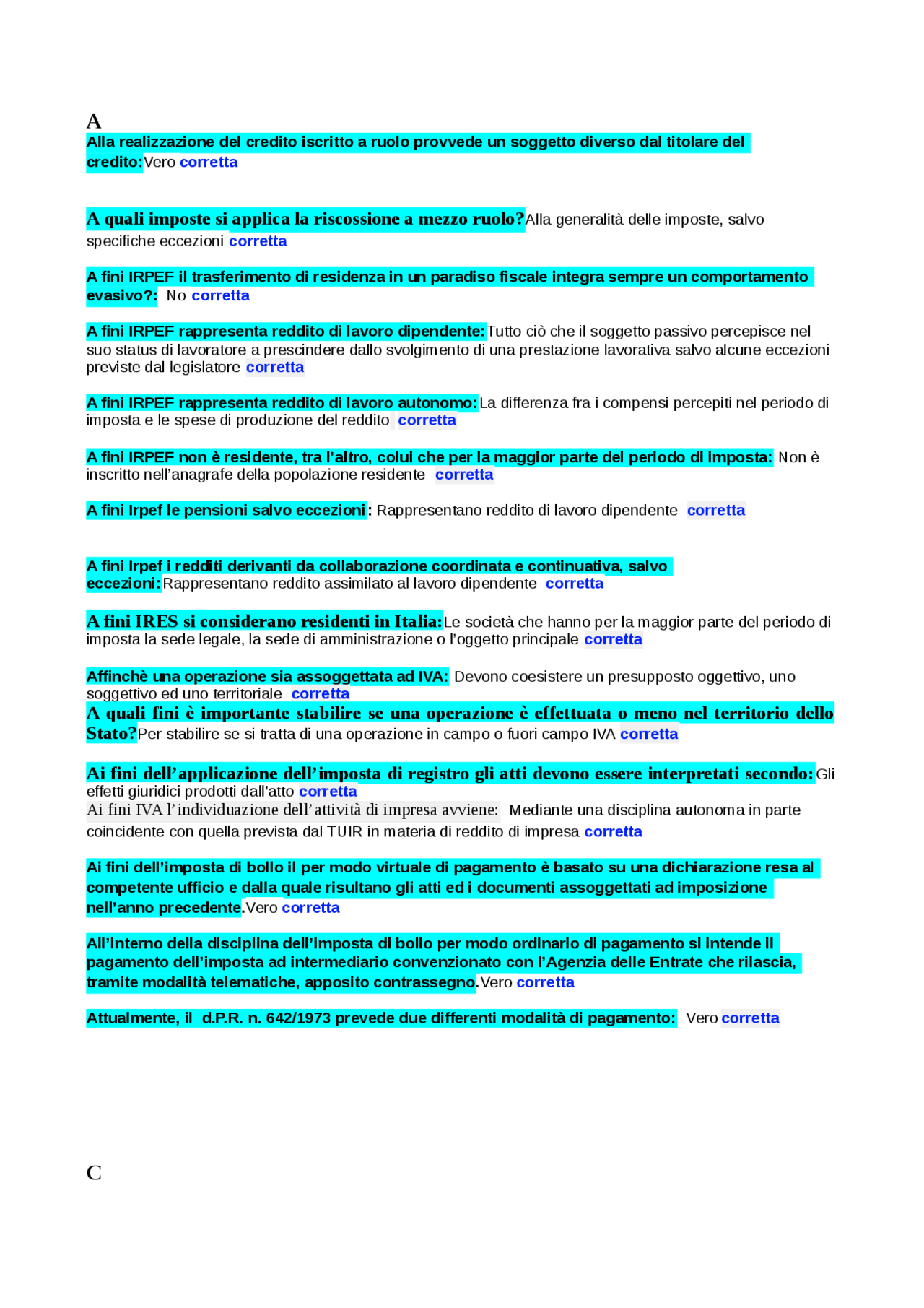 Test Svolti Diritto Tributario Unicusano Docsity