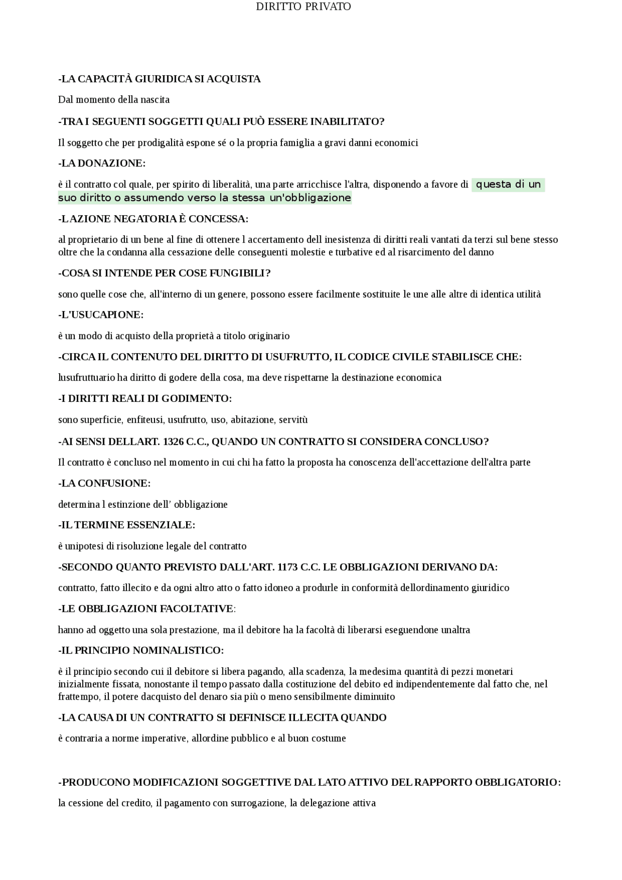 Test Autovalutazione Diritto Privato Docsity