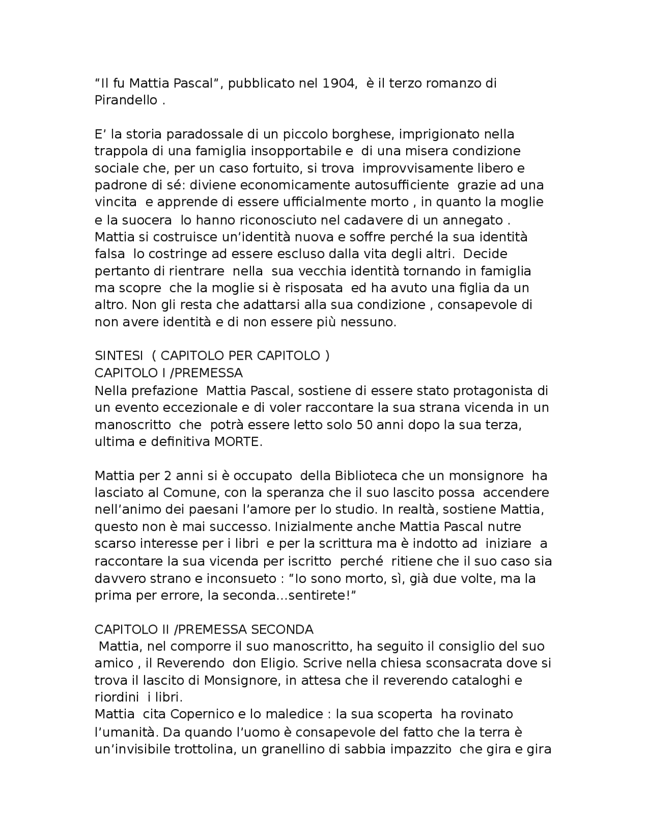 Riassunto De Il Fu Mattia Pascal Pirandello Docsity
