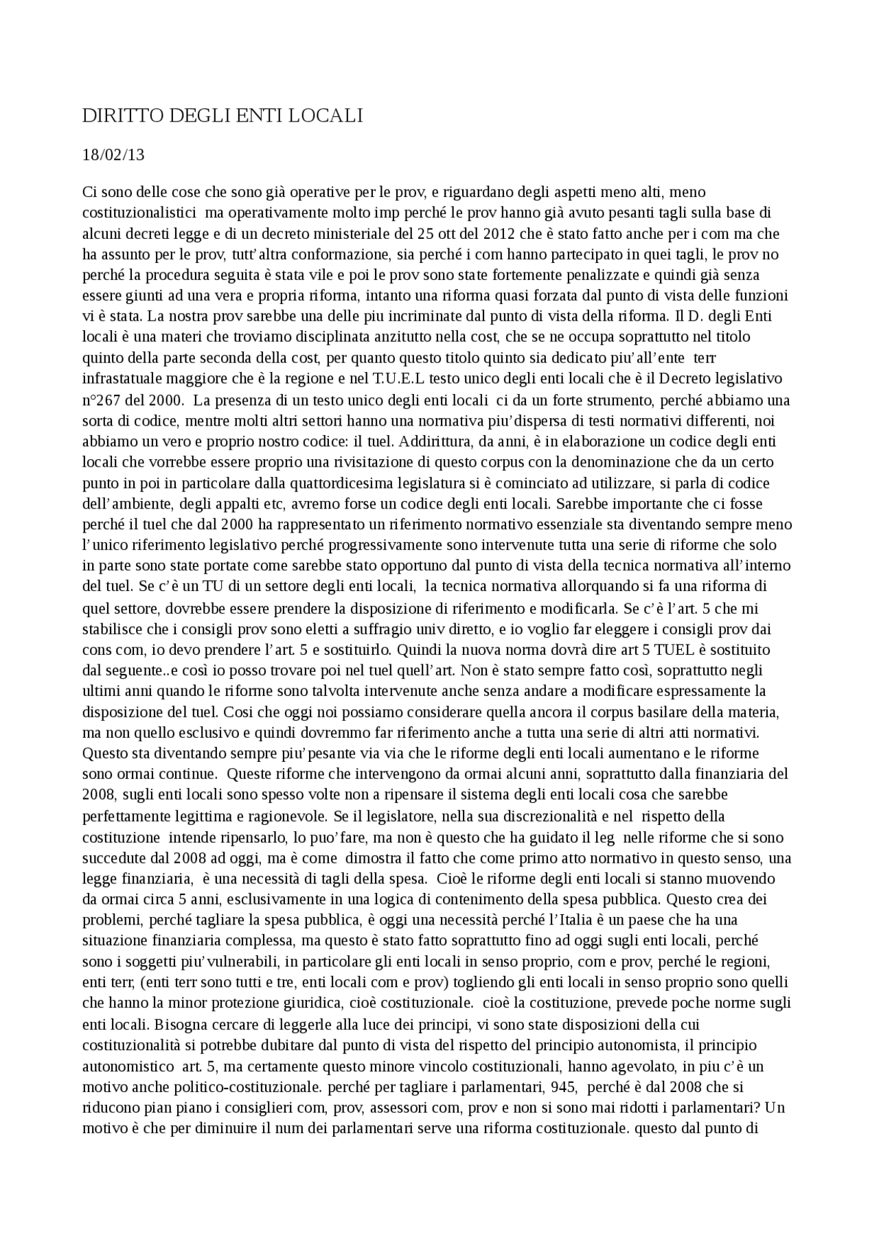 Diritto Degli Enti Locali Docsity
