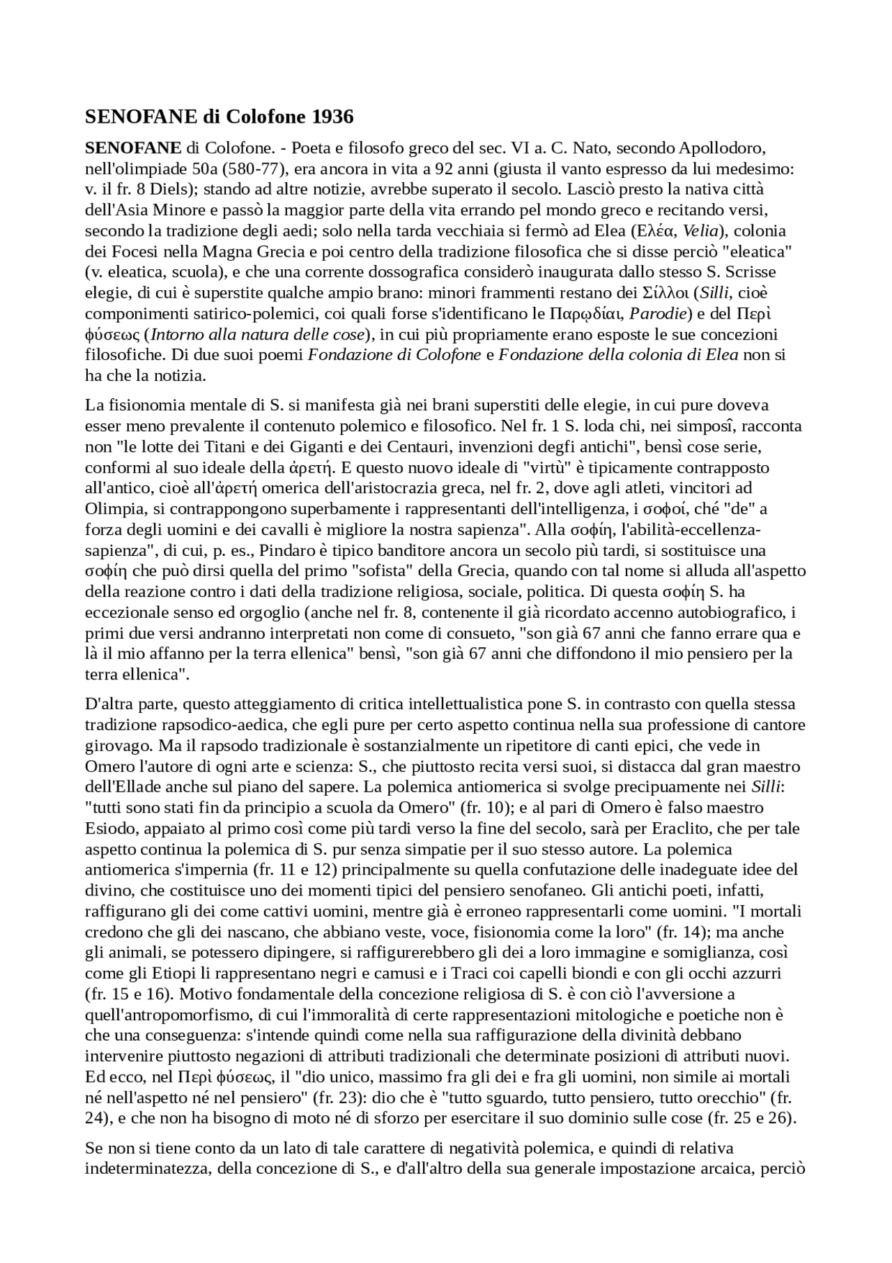 Senofane di Colofone - Docsity