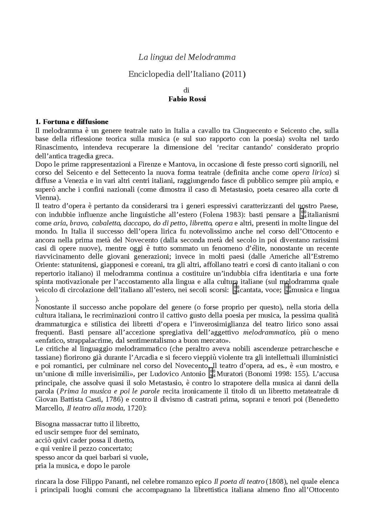 Lingua del melodramma | Appunti di Storia della musica | Docsity