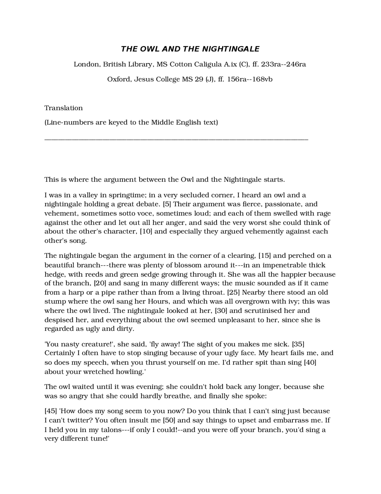 The Owl and the Nightingale | Ispiti' predlog Italijanski jezik - Docsity