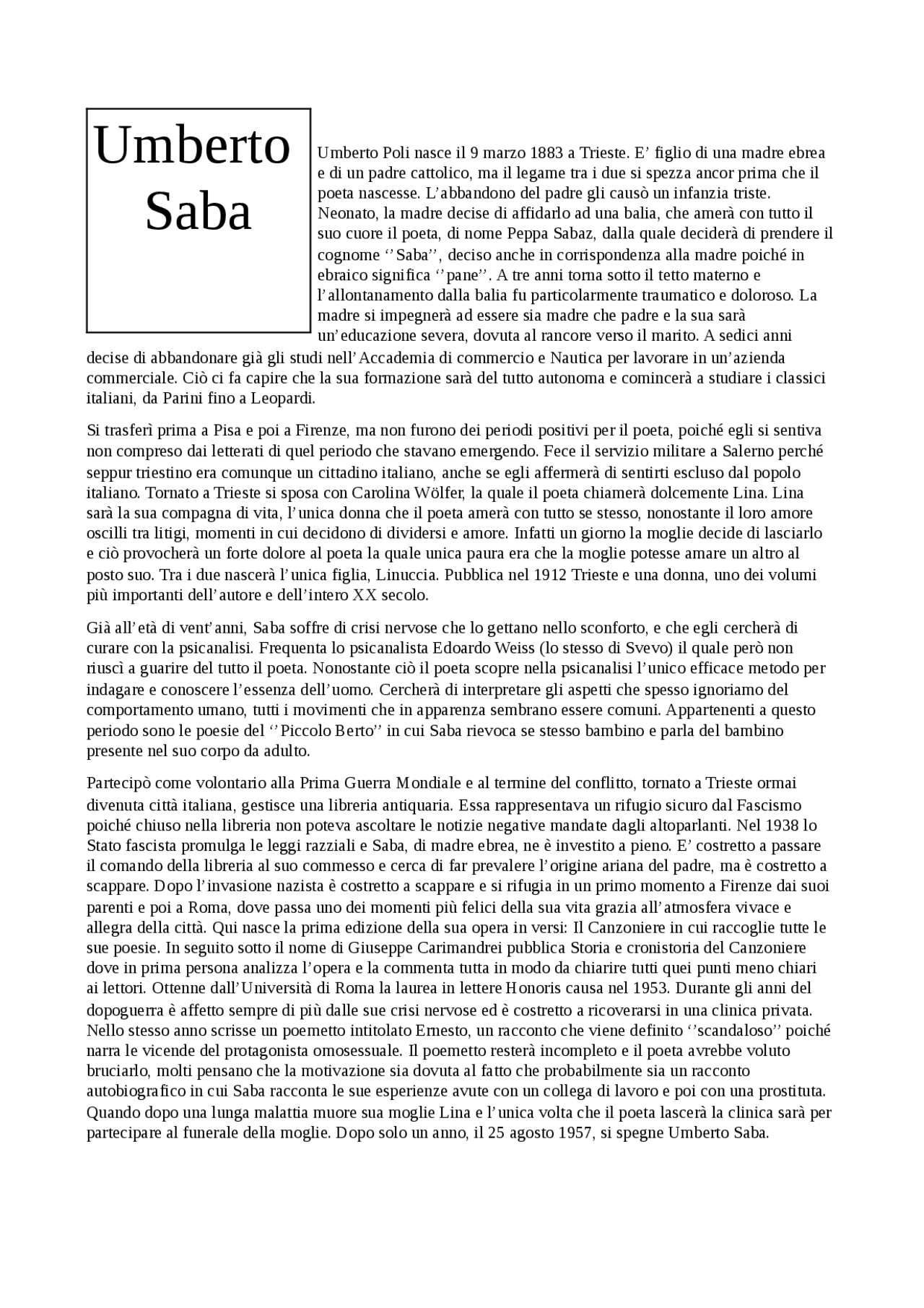 Vita Di Umberto Saba Docsity