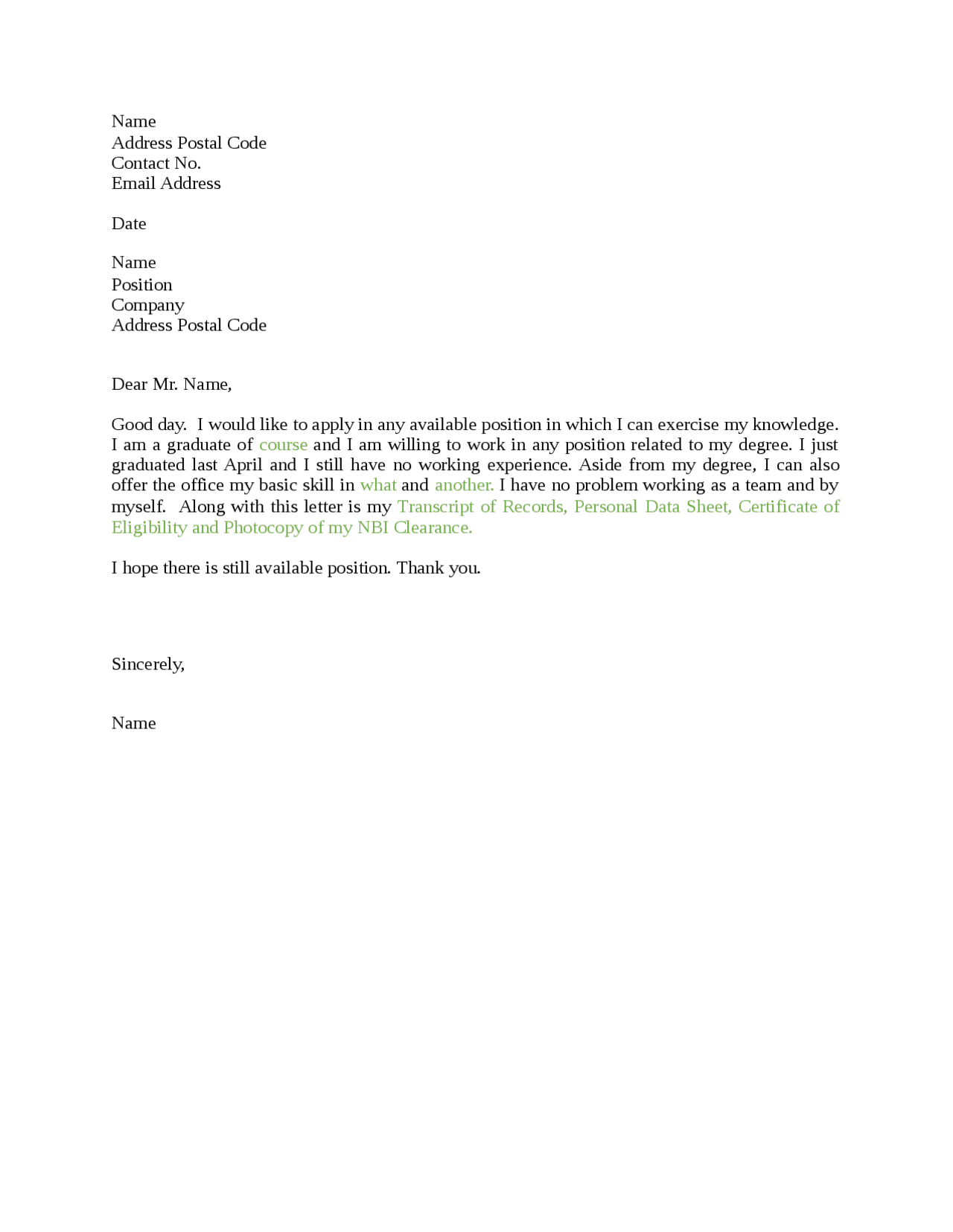 Sample of Application Letter - Docsity