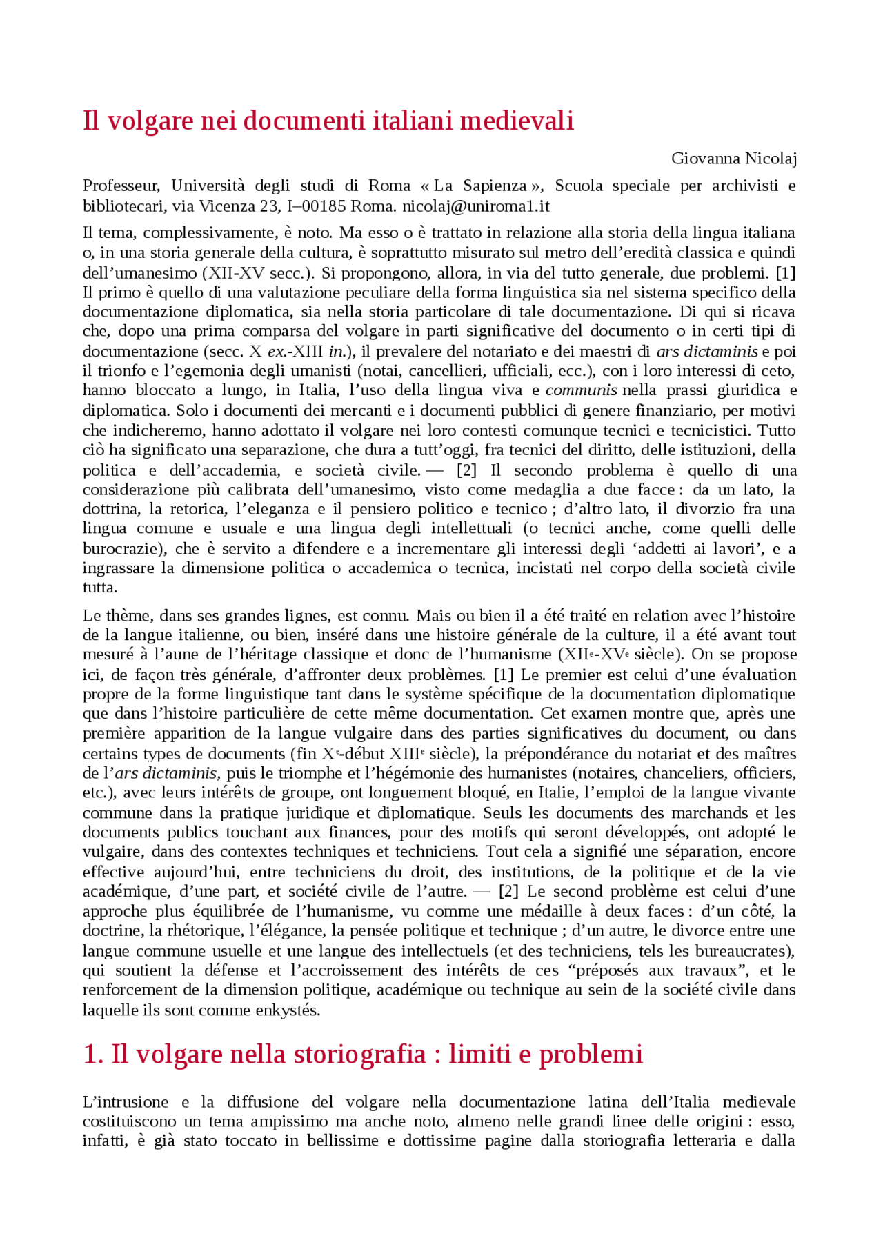 Il volgare nei documenti italiani medievali - Docsity