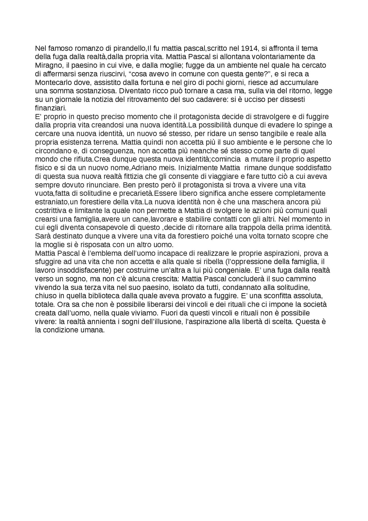 Riassunto De Il Fu Mattia Pascal Di Pirandello Docsity