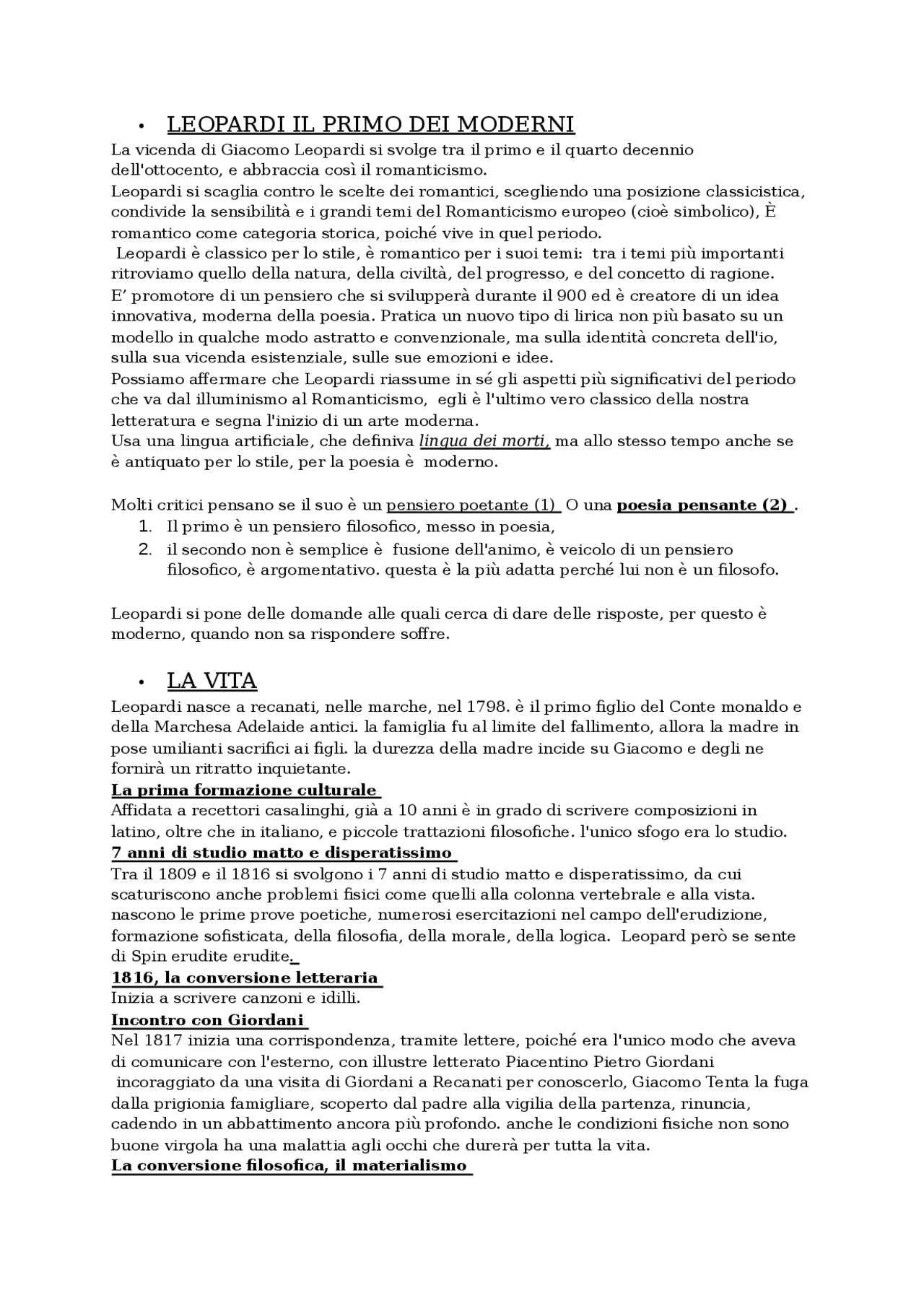 Leopardi Vita Opere Canti Docsity