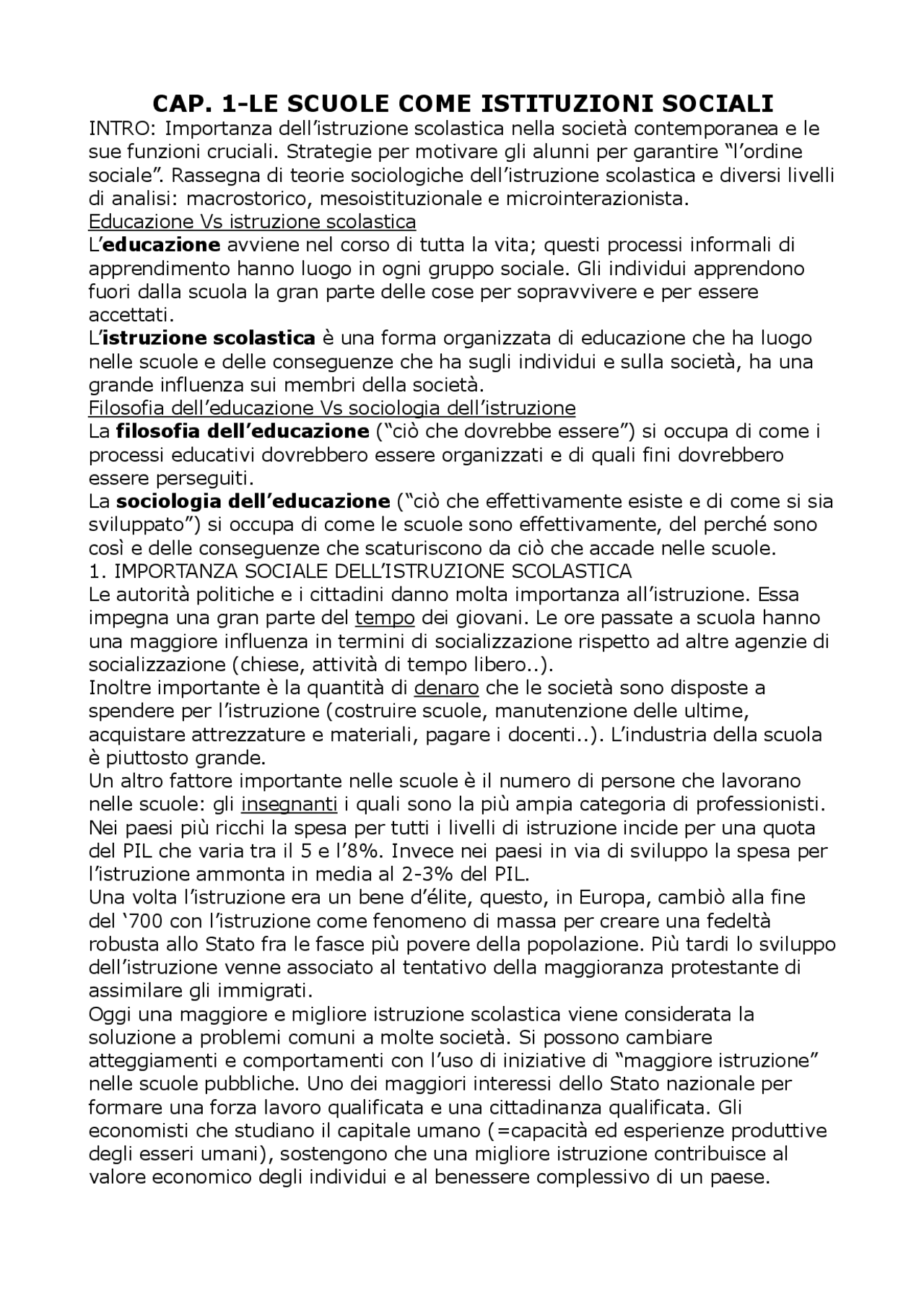 Cap 1 Scuola E Società Docsity