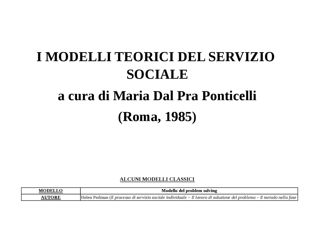 I Modelli Teorici Del Servizio Sociale Docsity