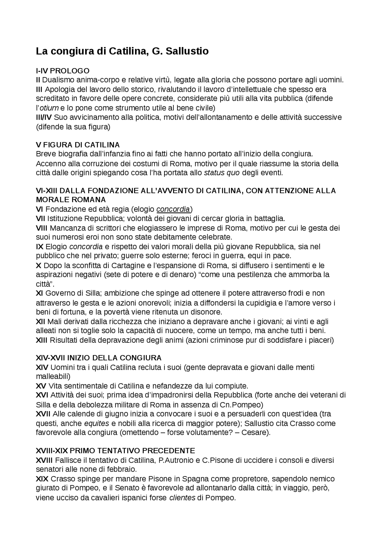 Riassunto De Coniuratione Catilinae Di Sallustio Docsity