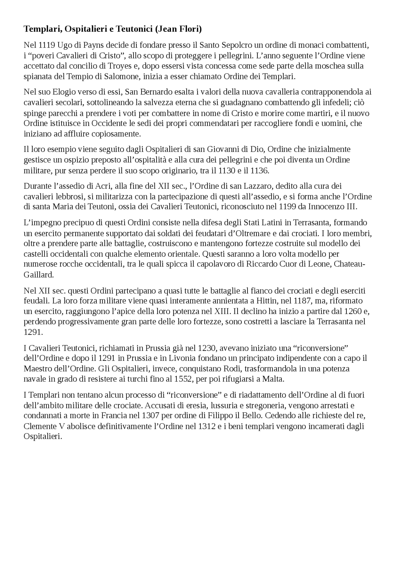 Sintesi E Appunti Sul Fenomeno Dei Templari Crociate Docsity