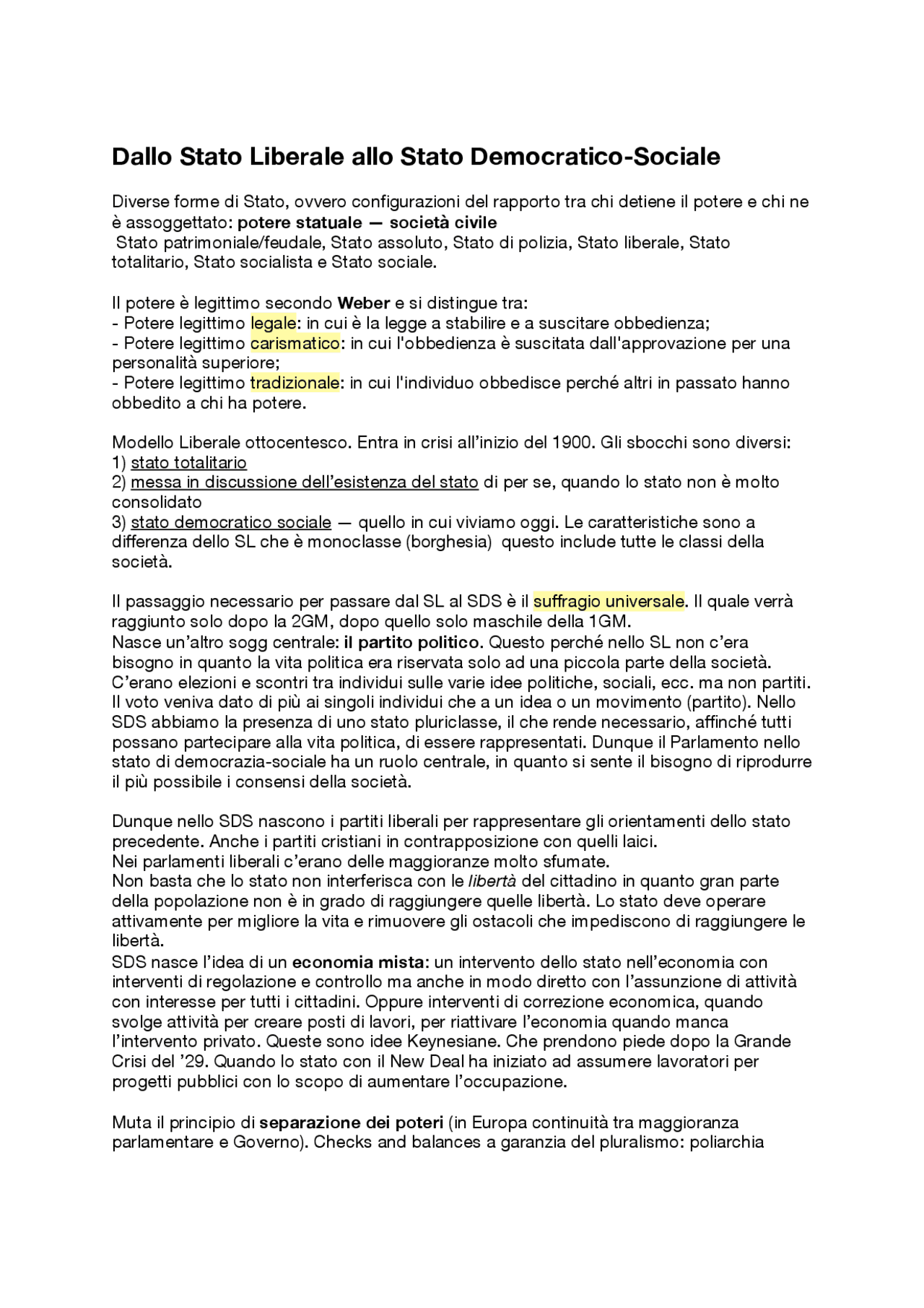 Dallo Stato Liberale allo Stato Democratico-Sociale - Docsity