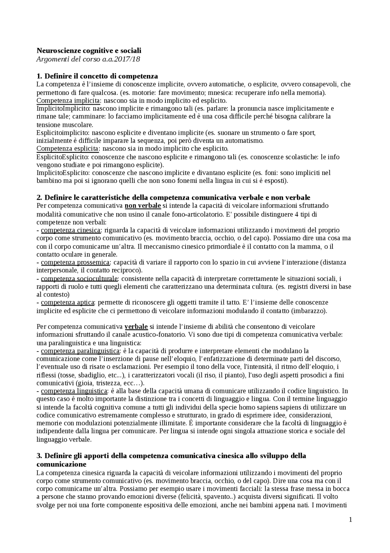 Neuroscienze Cognitive E Sociali 2017 2018 Docsity