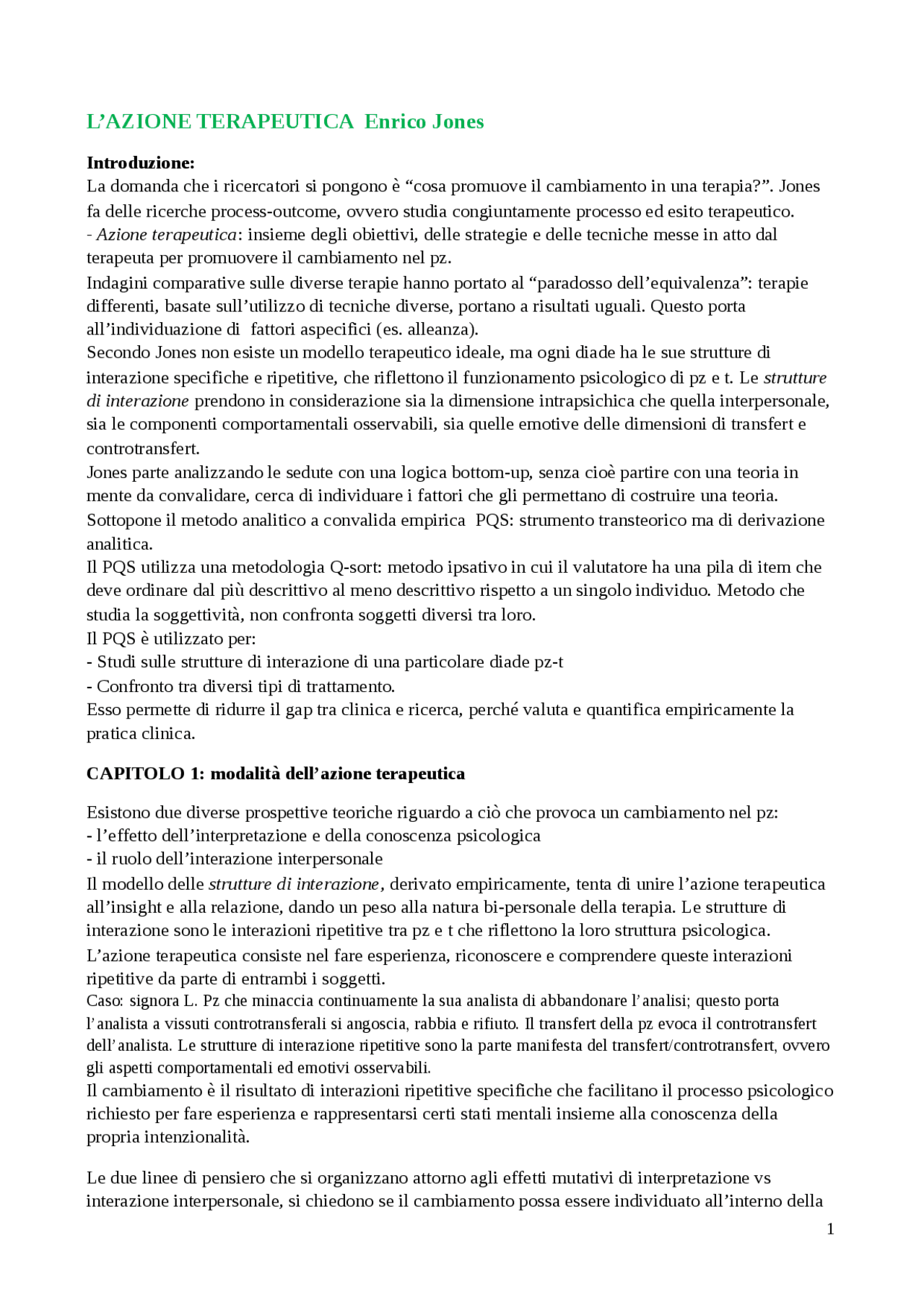 L'azione terapeutica (Enrico Jones): riassunto | Sintesi del corso di ...