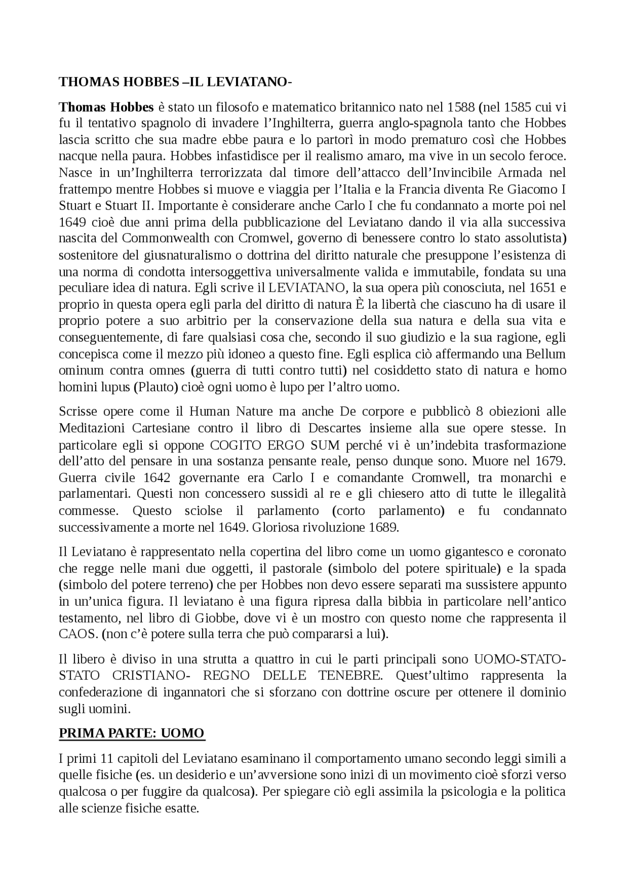 Riassunto Appunti Di Hobbes Docsity