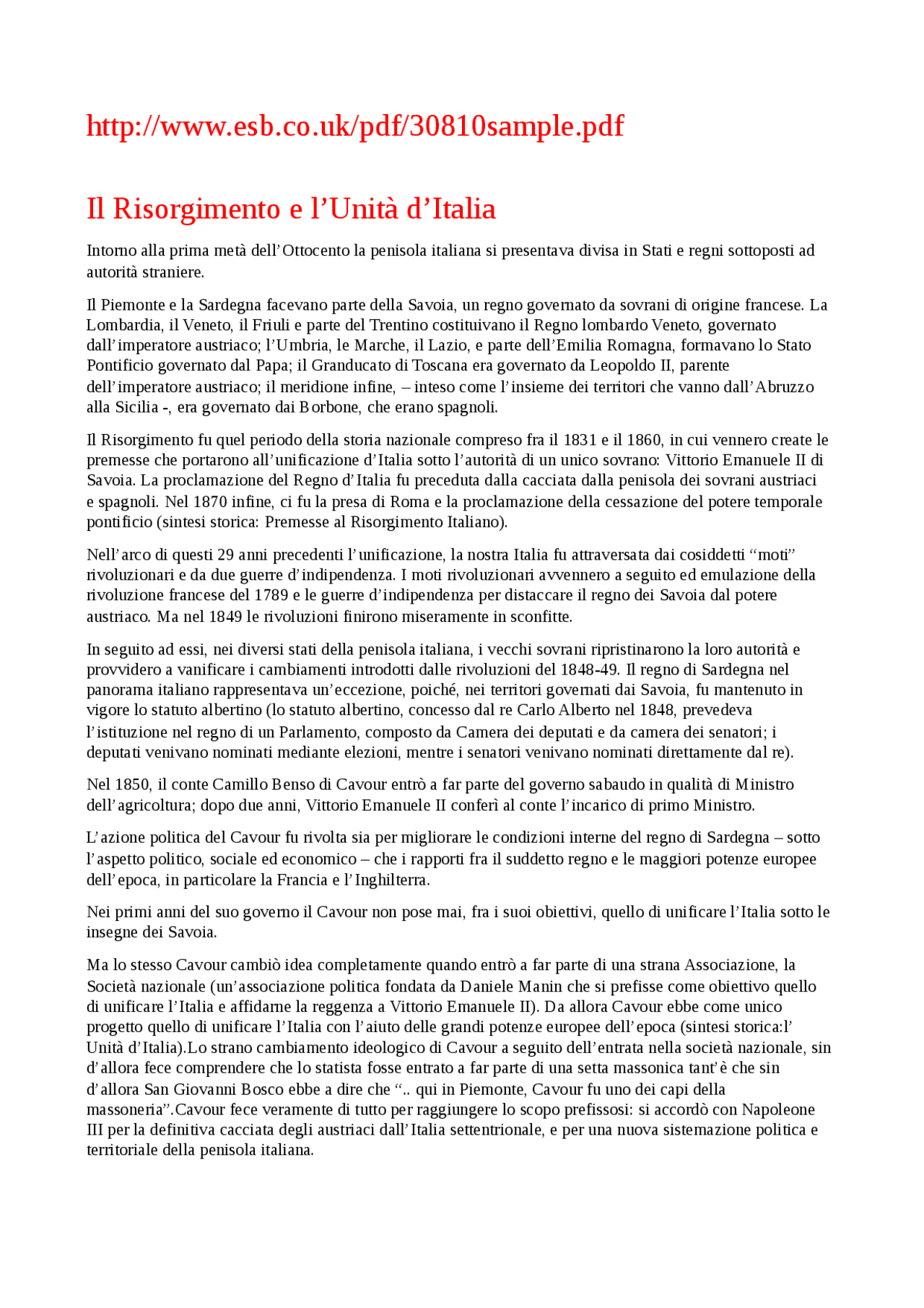 Il Risorgimento e L'unità d'Italia - Docsity