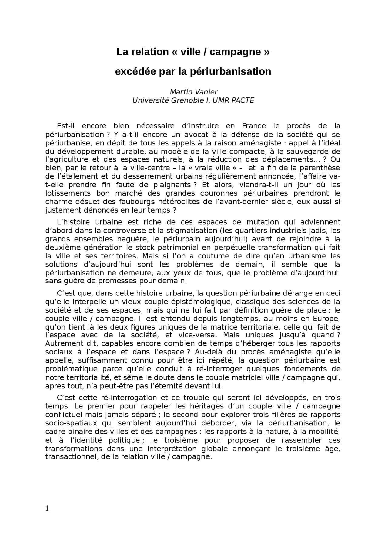 Vivre en ville ou a la campagne - Docsity