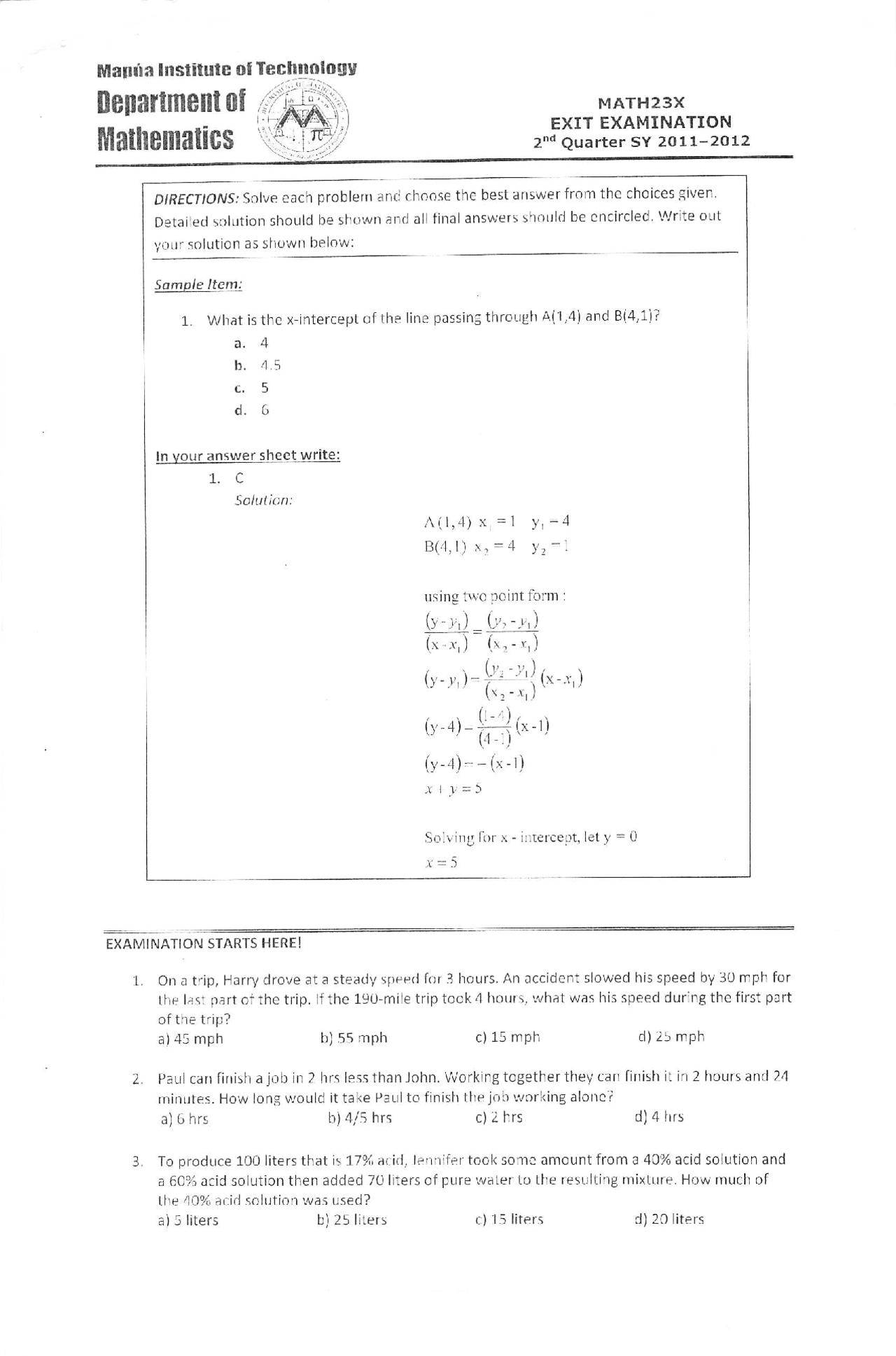 Math 23 exit exam mapua | Exams Mathematics - Docsity