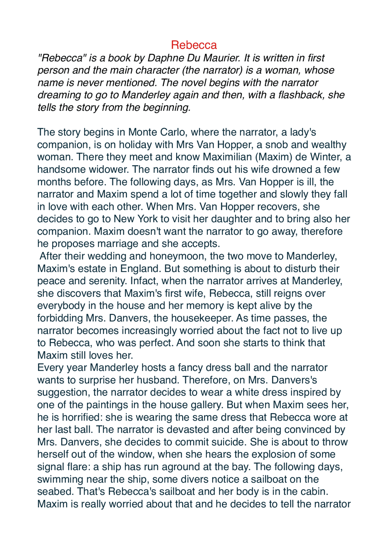 Rebecca by Daphne Du Maurier - Docsity