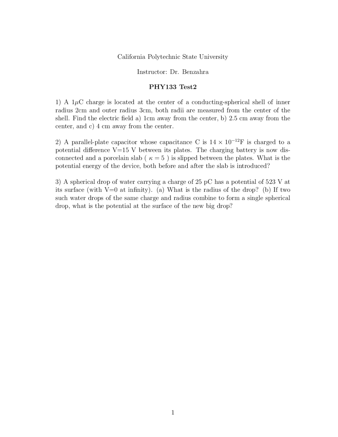 Midterm Exam With 3 Questions General Physics Phy 133 Docsity