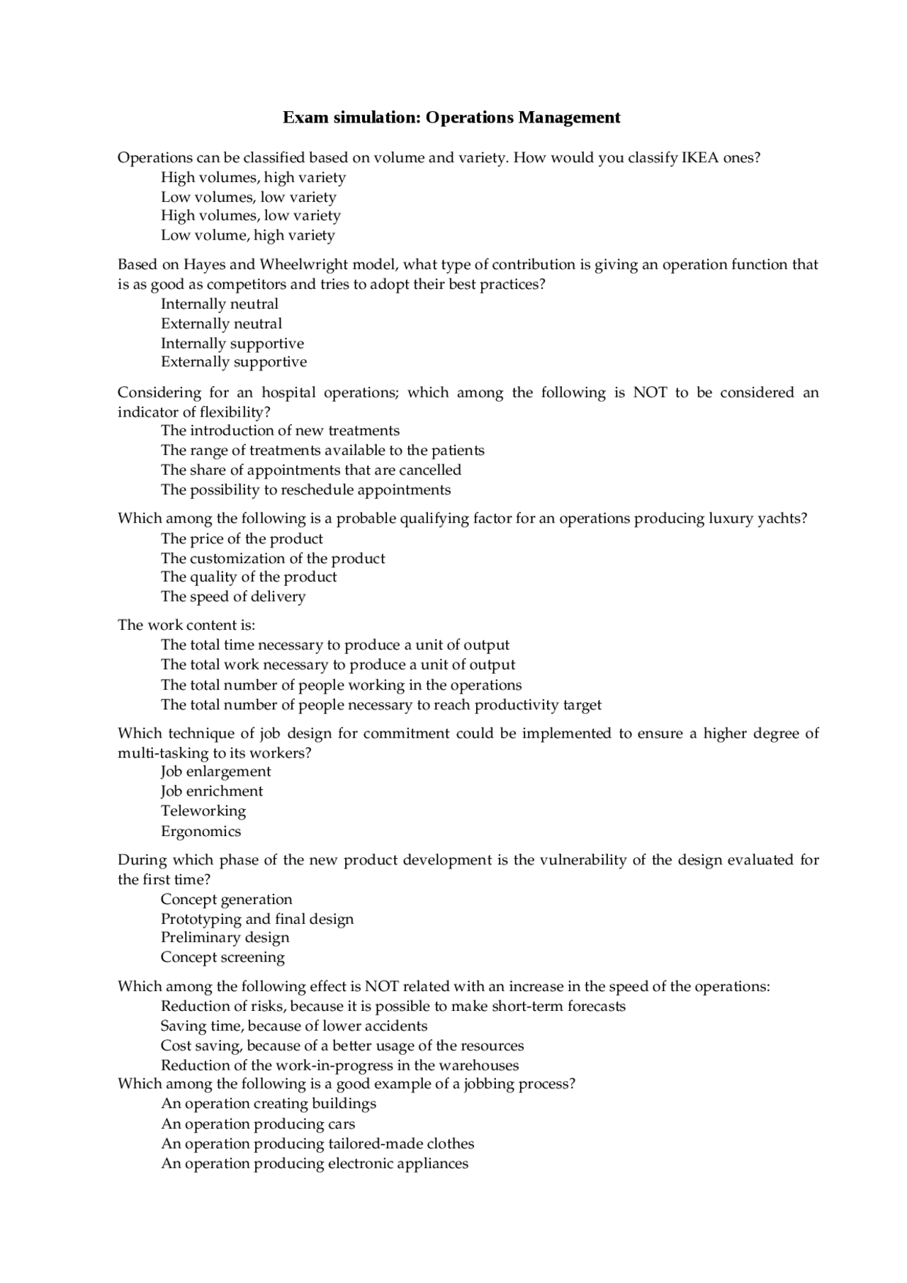 Exam Simulation Operation Management - Docsity