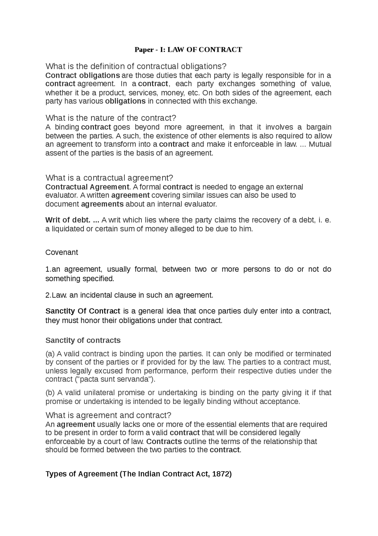 Law of contracts for law students in the first year of law degree - Docsity