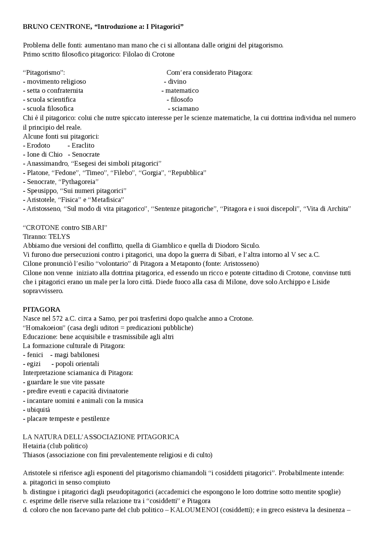 Bruno Centrone I Pitagorici Docsity
